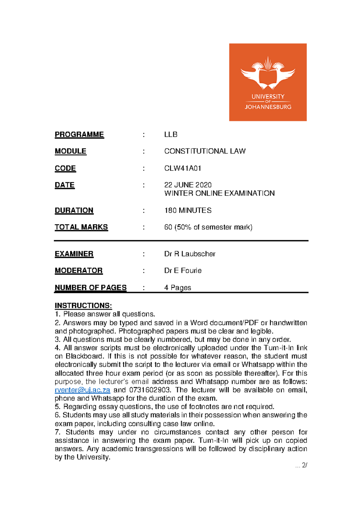 Constitutional Law June Exam 2020 Programme Llb Module Constitutional Law Code Clw41a 