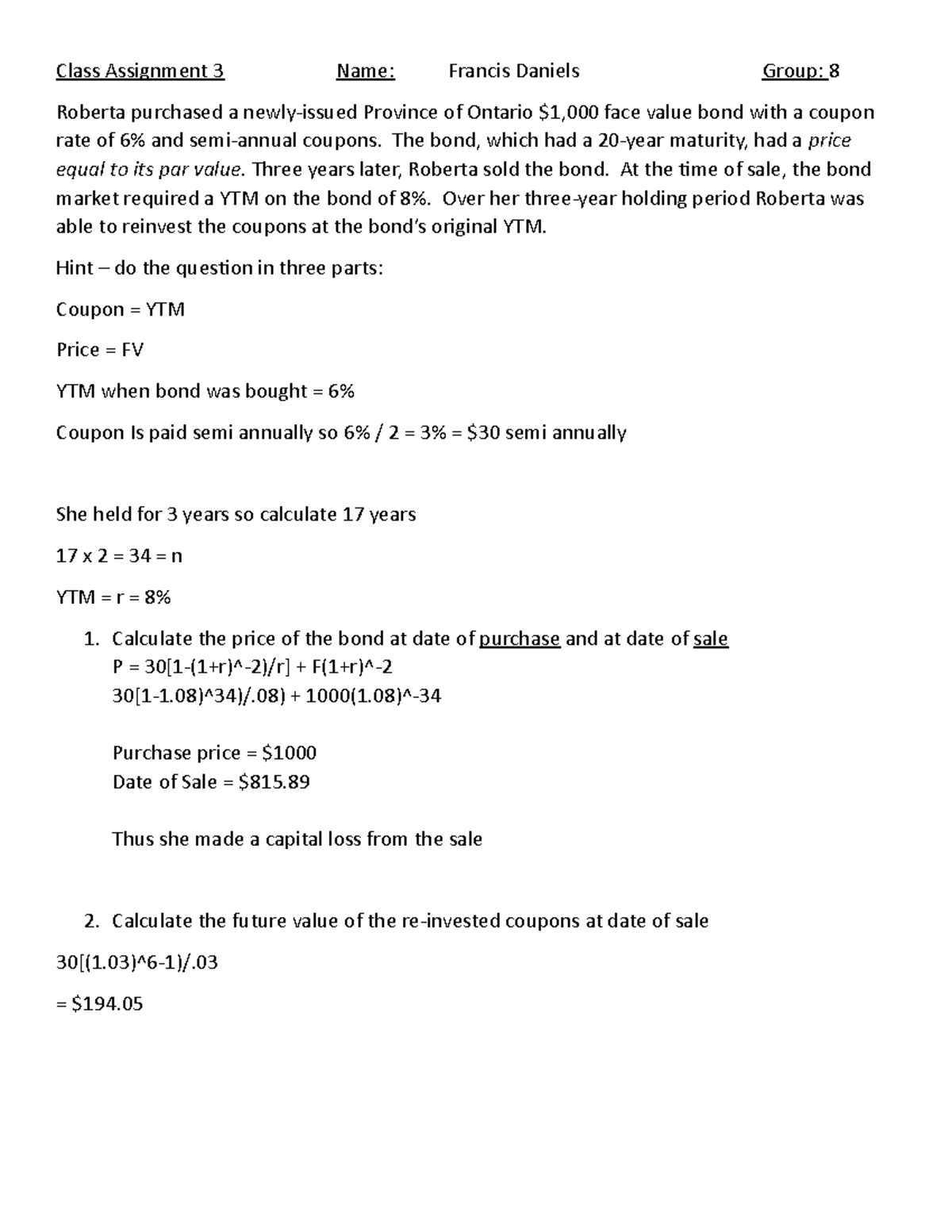 Class Assignment 3 for finacne - Class Assignment 3 Name: Francis ...