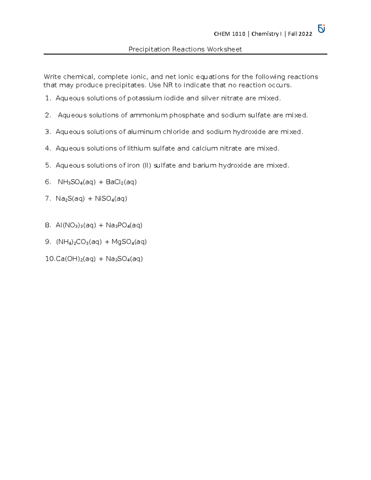 FA22 Precipitation Reactions Worksheet - CHEM 1010 | Chemistry I | Fall ...