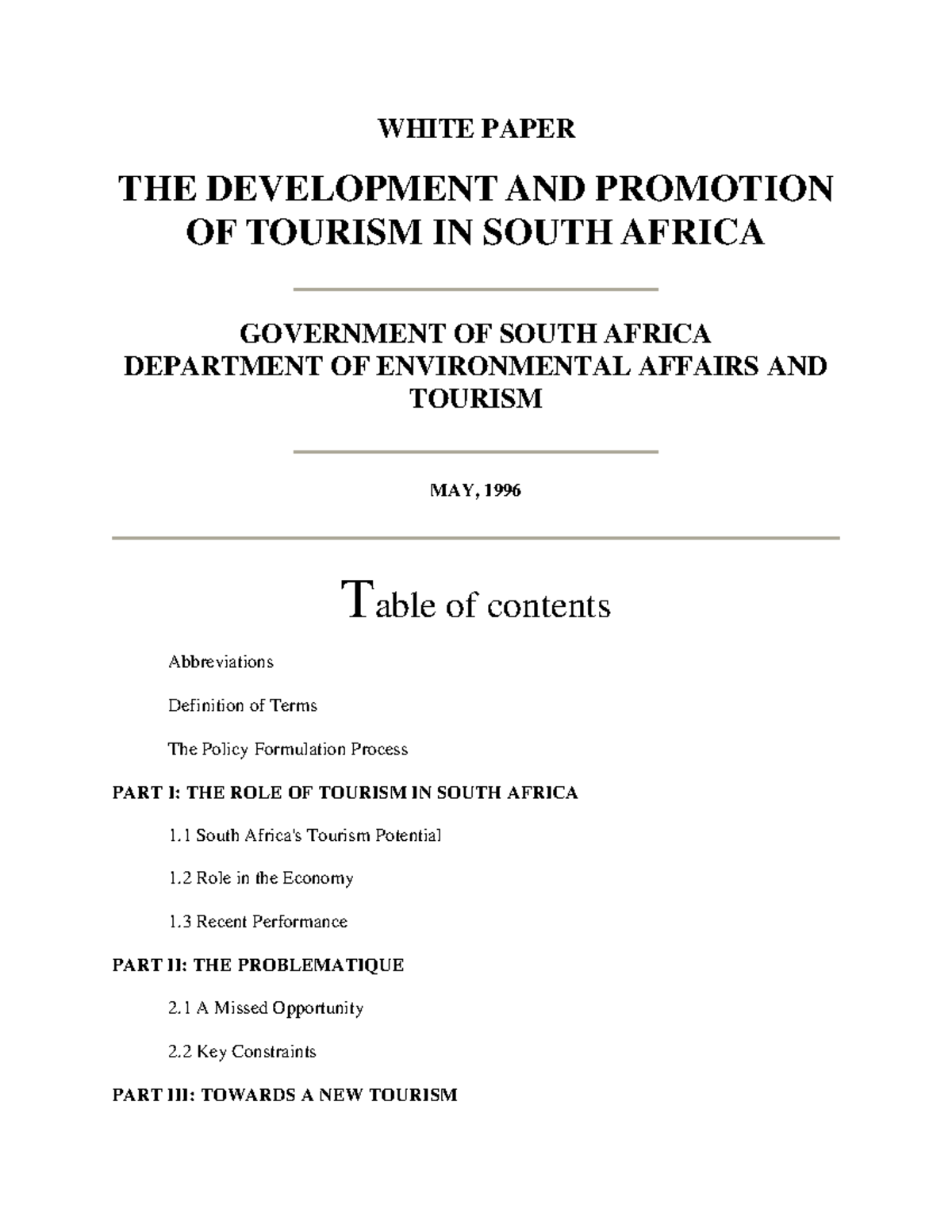 Tourism-white-paper - White paper note - WHITE PAPER THE DEVELOPMENT AND PROMOTION OF TOURISM IN ...