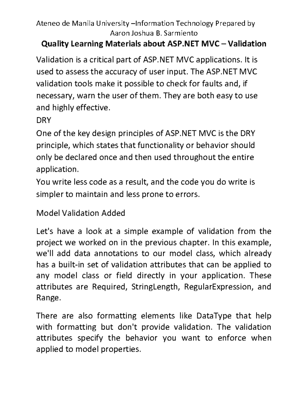 Quality Learning Materials About ASP.NET MVC - Validation - Aaron Joshua B. Sarmiento Quality ...