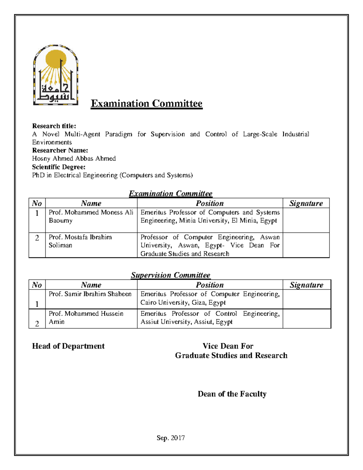 Agent-based SCADA Systems - Examination Committee Research title: A ...