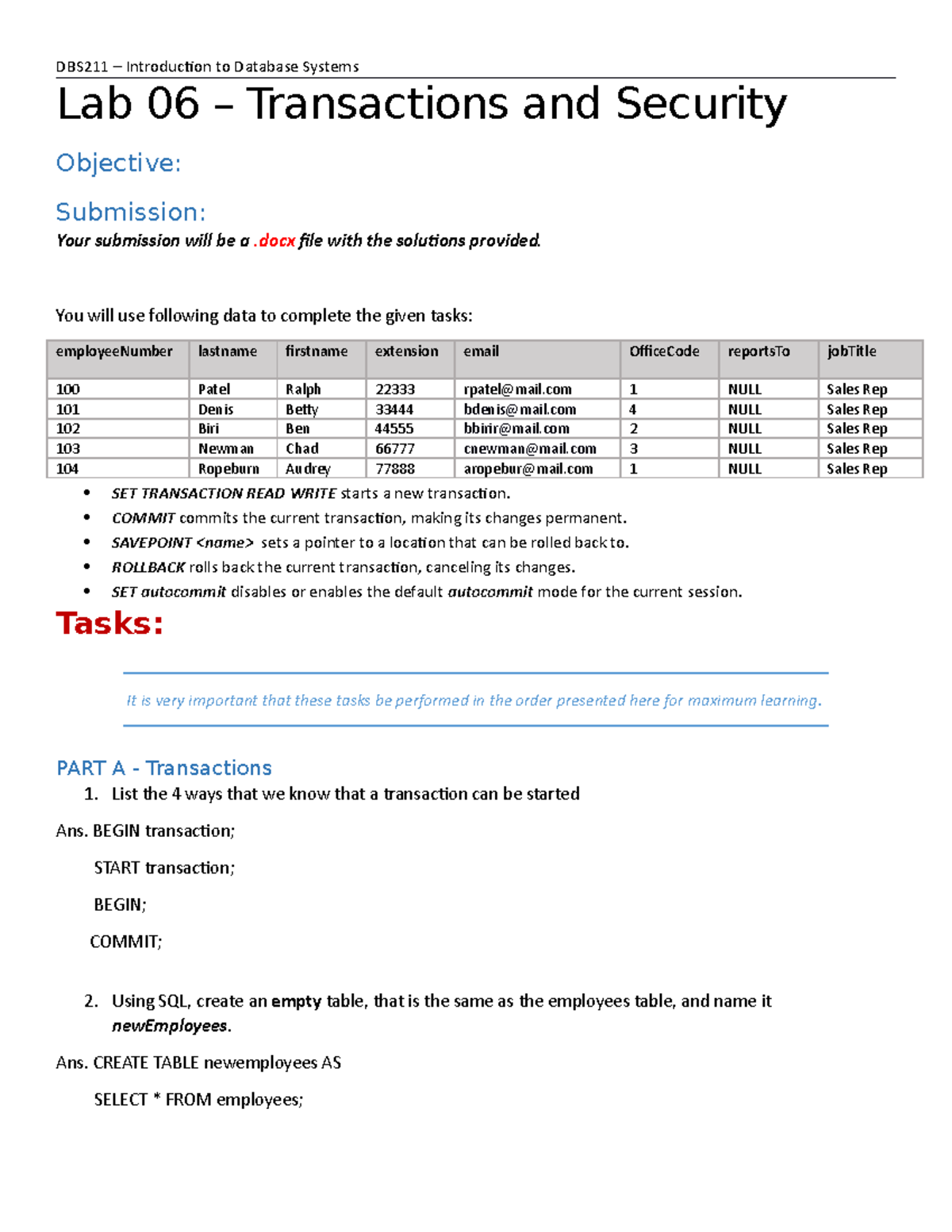 DBS211 Lab6-winter 2022- lydia li - Lab 06 – Transactions and Security Objective: Submission ...