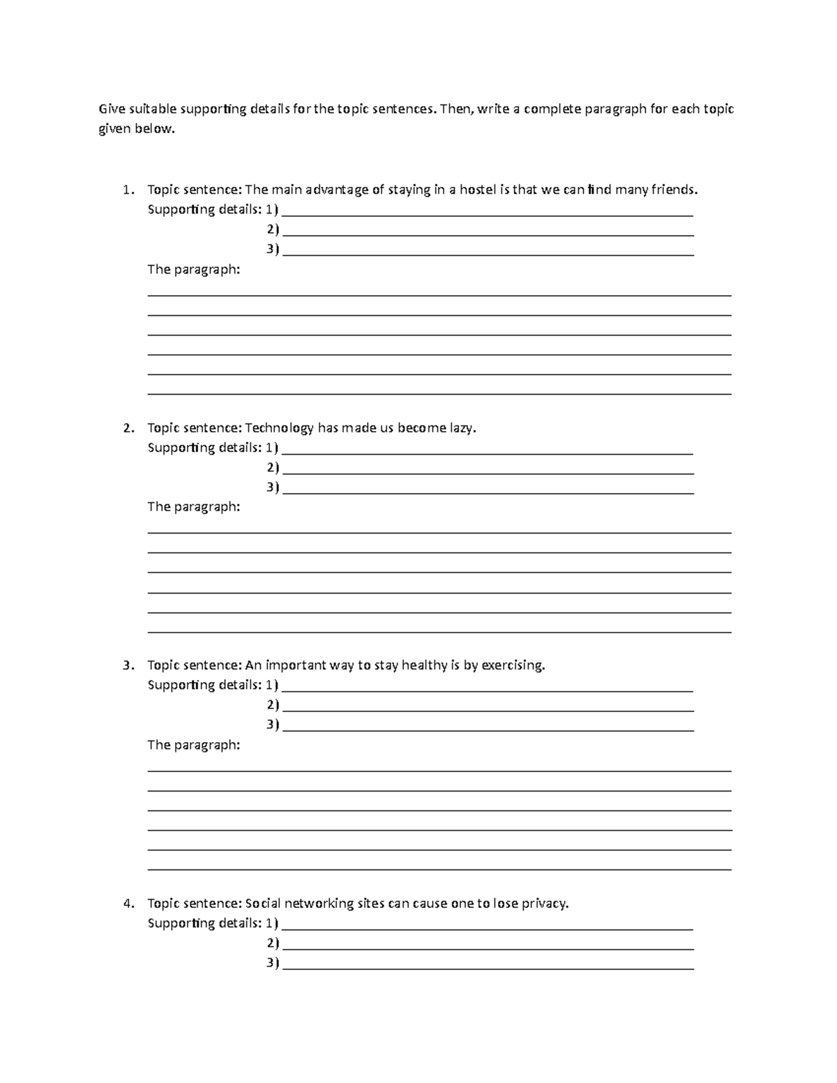 Writing BODY Paragraphs Practice - Give suitable suppor ng details for ...