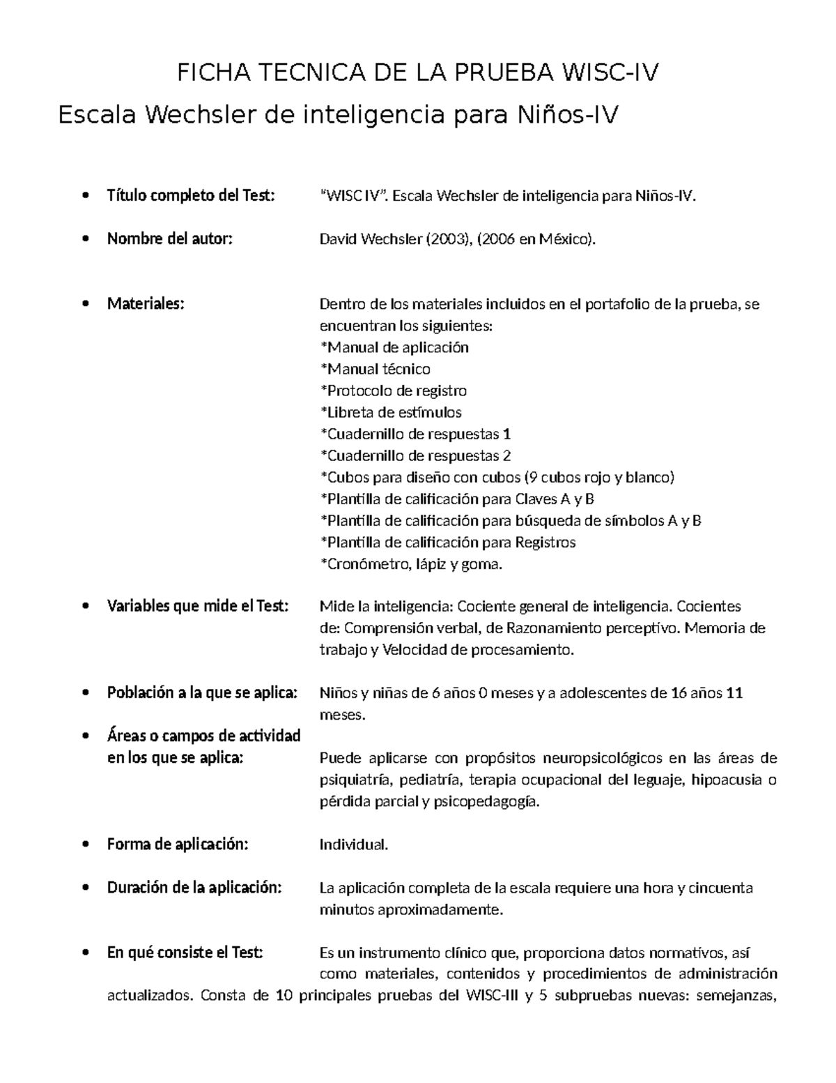 Ficha Técnica WISC-IV - Descripción del Test de WISC-IV - FICHA TECNICA ...