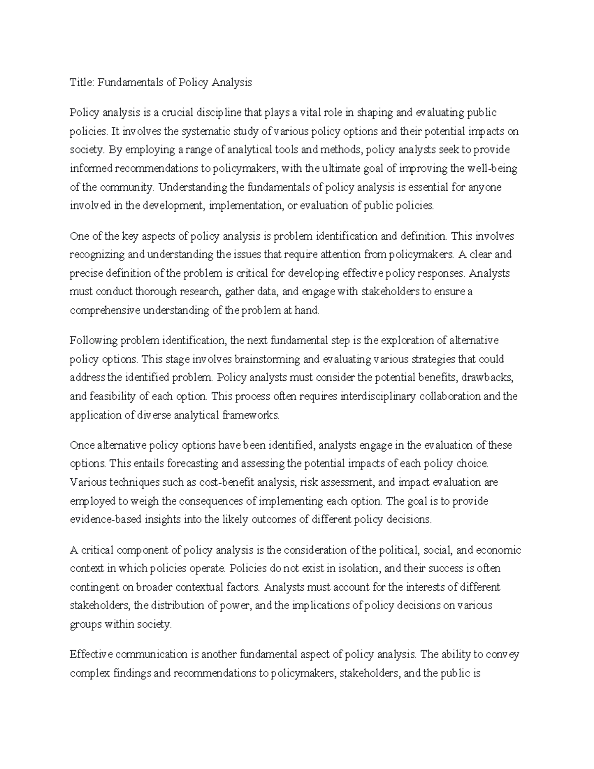 Fundamentals of Policy Analysis - Title: Fundamentals of Policy ...