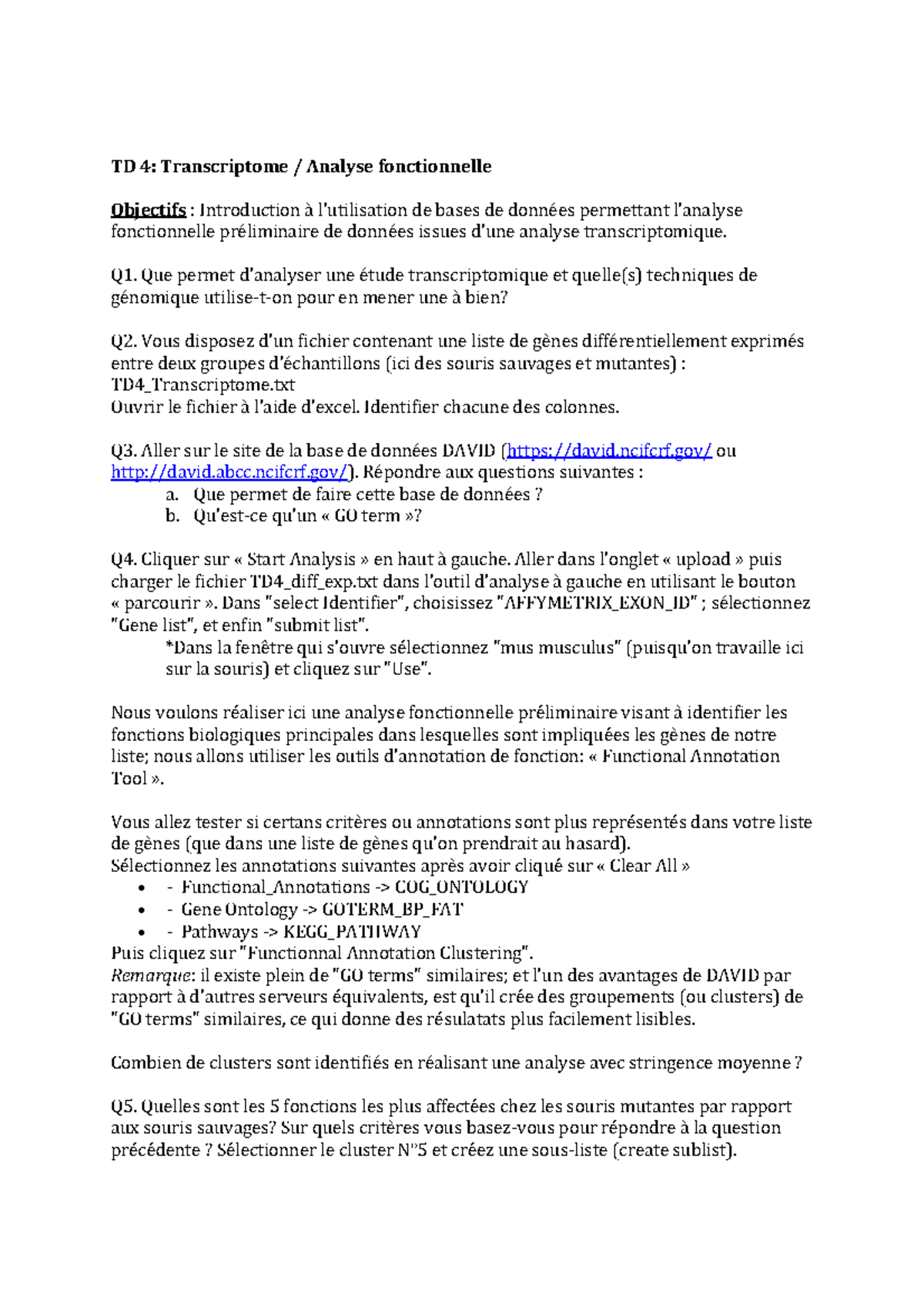 TD4 LPays GSE 2022 - Enoncé du TD4 - TD 4: Transcriptome / Analyse fonctionnelle Objectifs ...