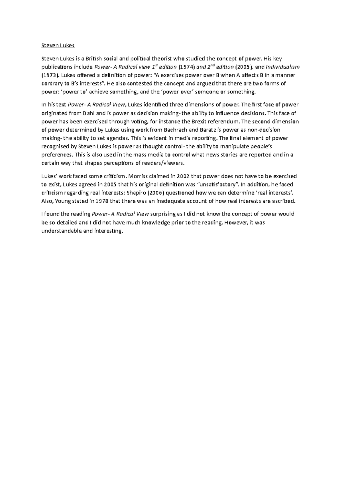 Journal 9- Steven Lukes - Steven Lukes Steven Lukes is a British social ...