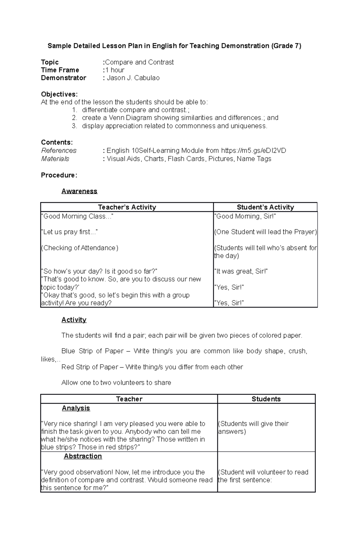 Compare Contrast Sample Detailed Lesson Plan in English for Teaching ...