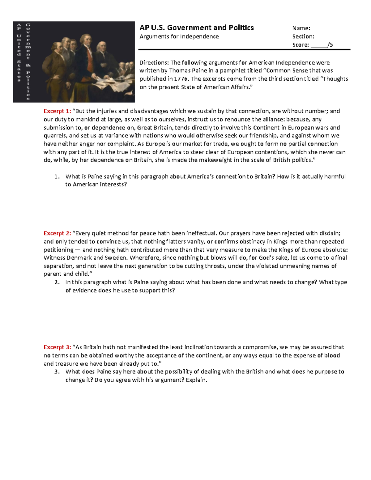 Arguments for independence - AP U. Government and Politics Name ...