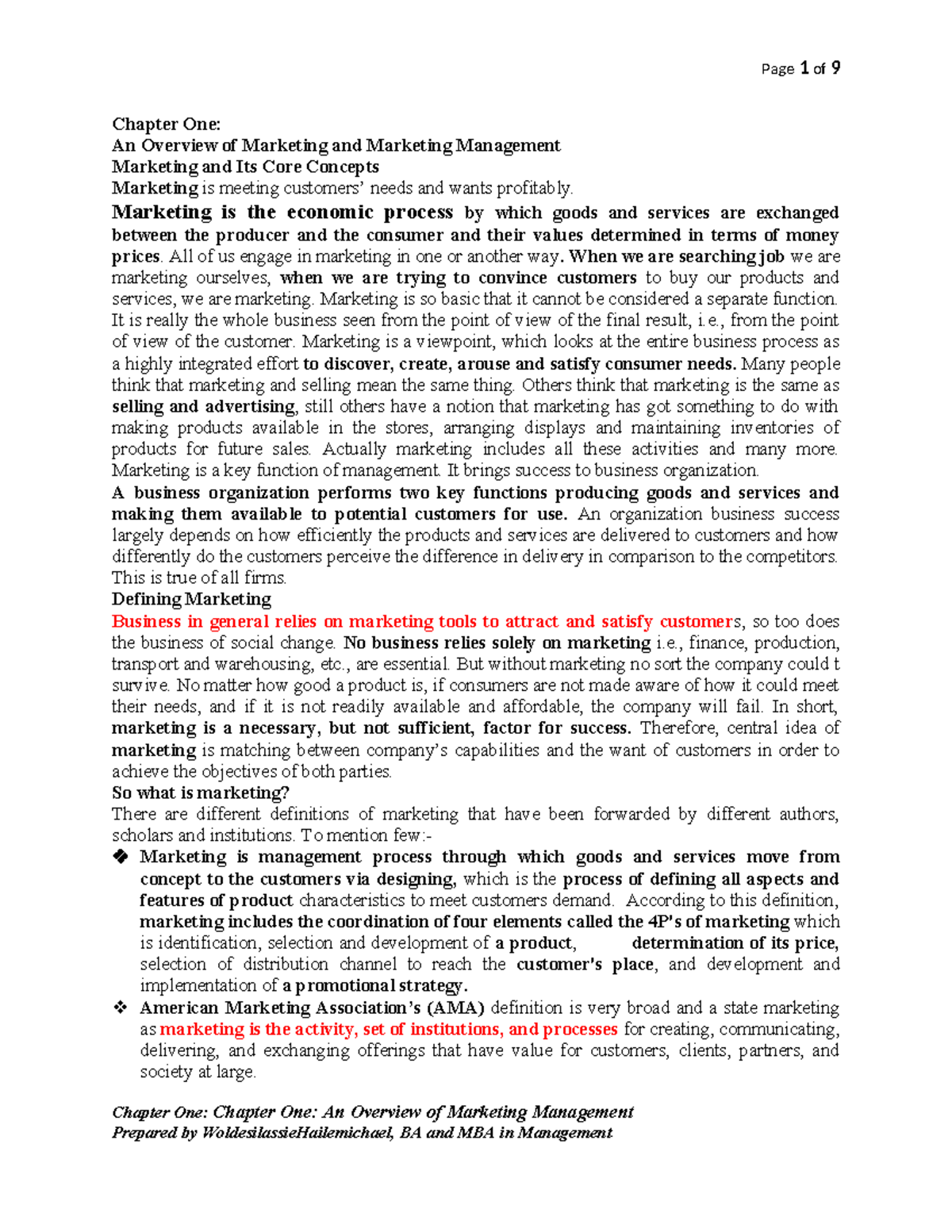 Chapter One Overview of Principles of Marketing - Chapter One: An ...