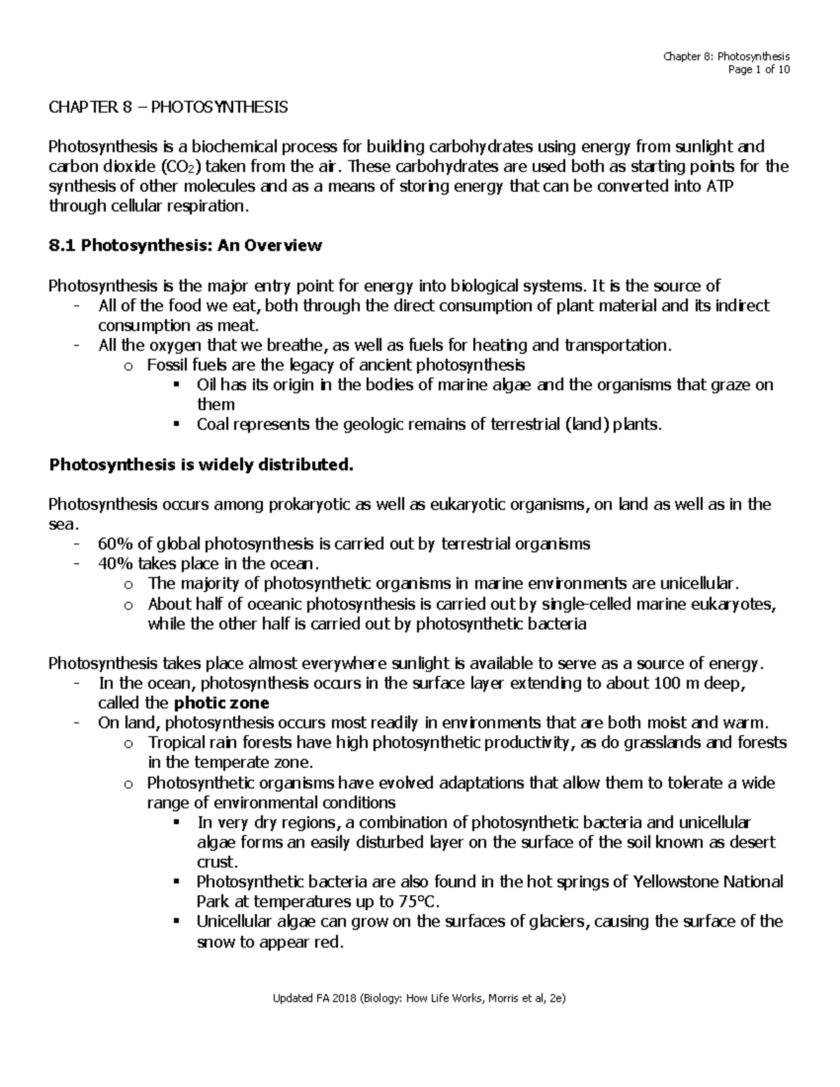 BIOL 1107 Chapter 8 - Photosynthesis - Chapter 8: Photosynthesis Page 1 ...