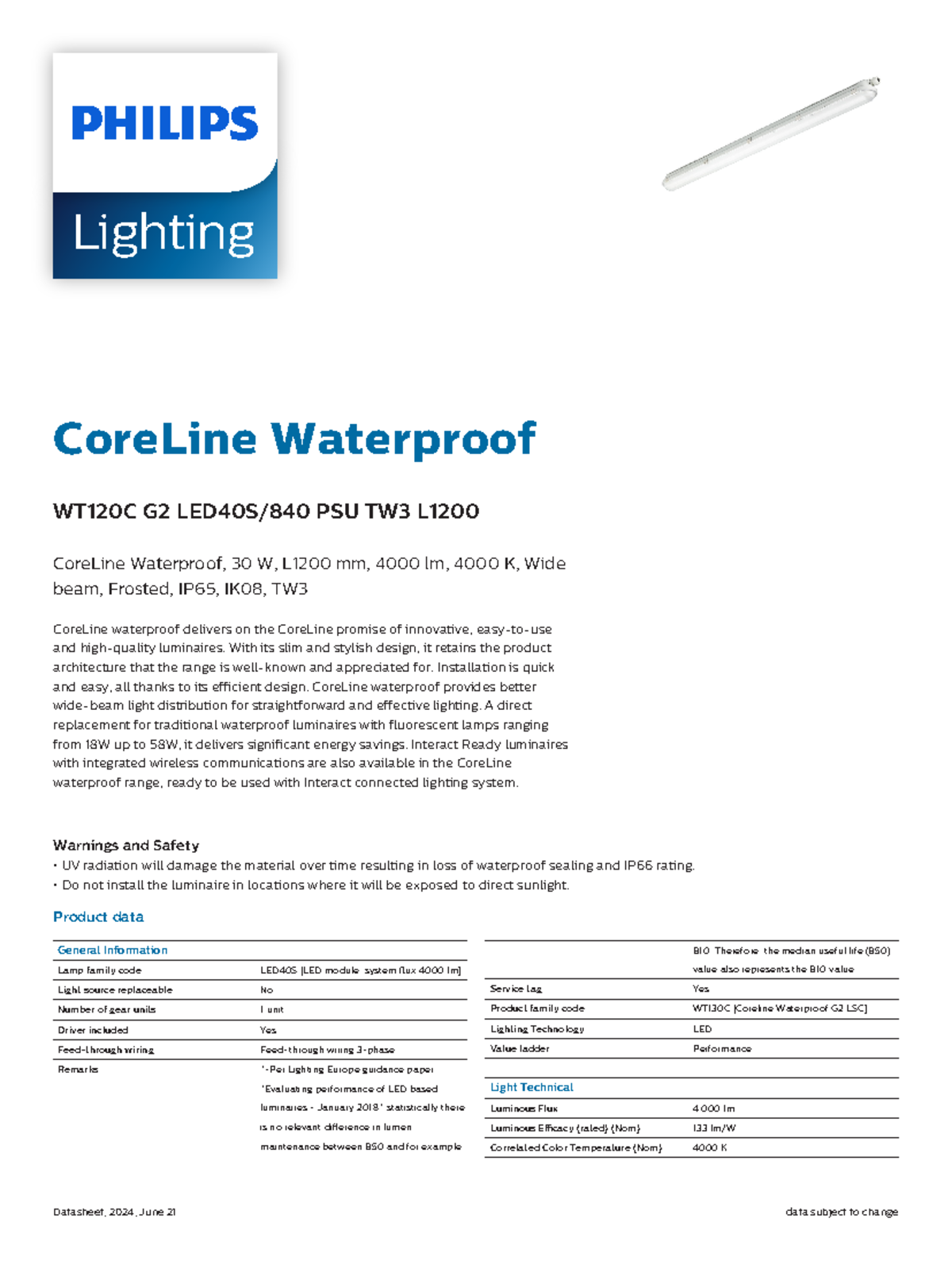 Ficha Técnica Luminarias 2x30w 4000lm - CoreLine Waterproof WT120C G2 ...