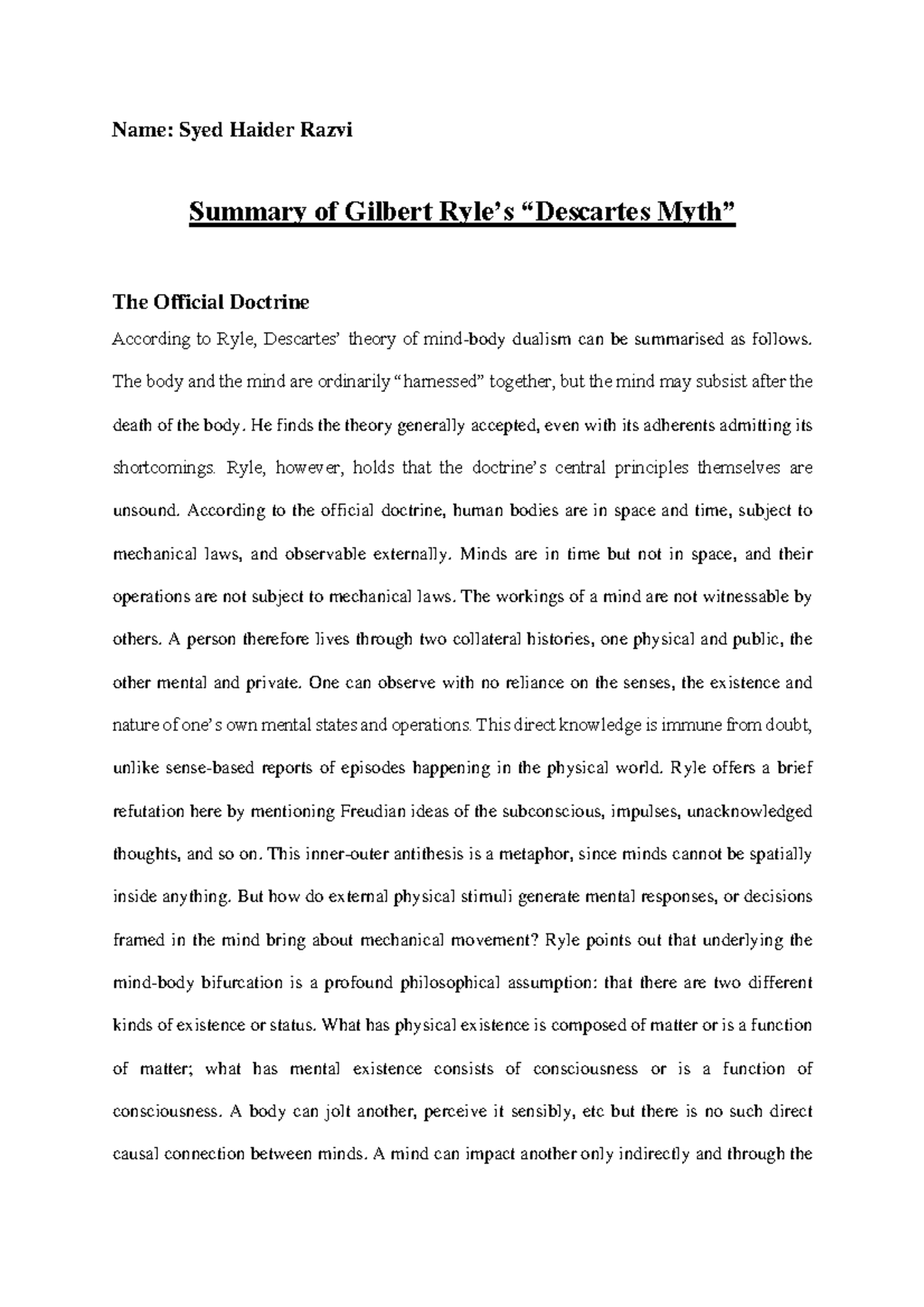 Gilbert Ryle's The Concept of Mind - Name: Syed Haider Razvi Summary of ...