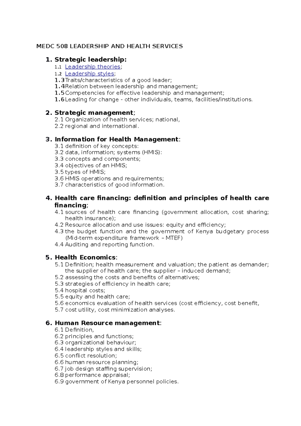 Course Outline- MEDC 508 Leadership AND Health Services - Health System ...