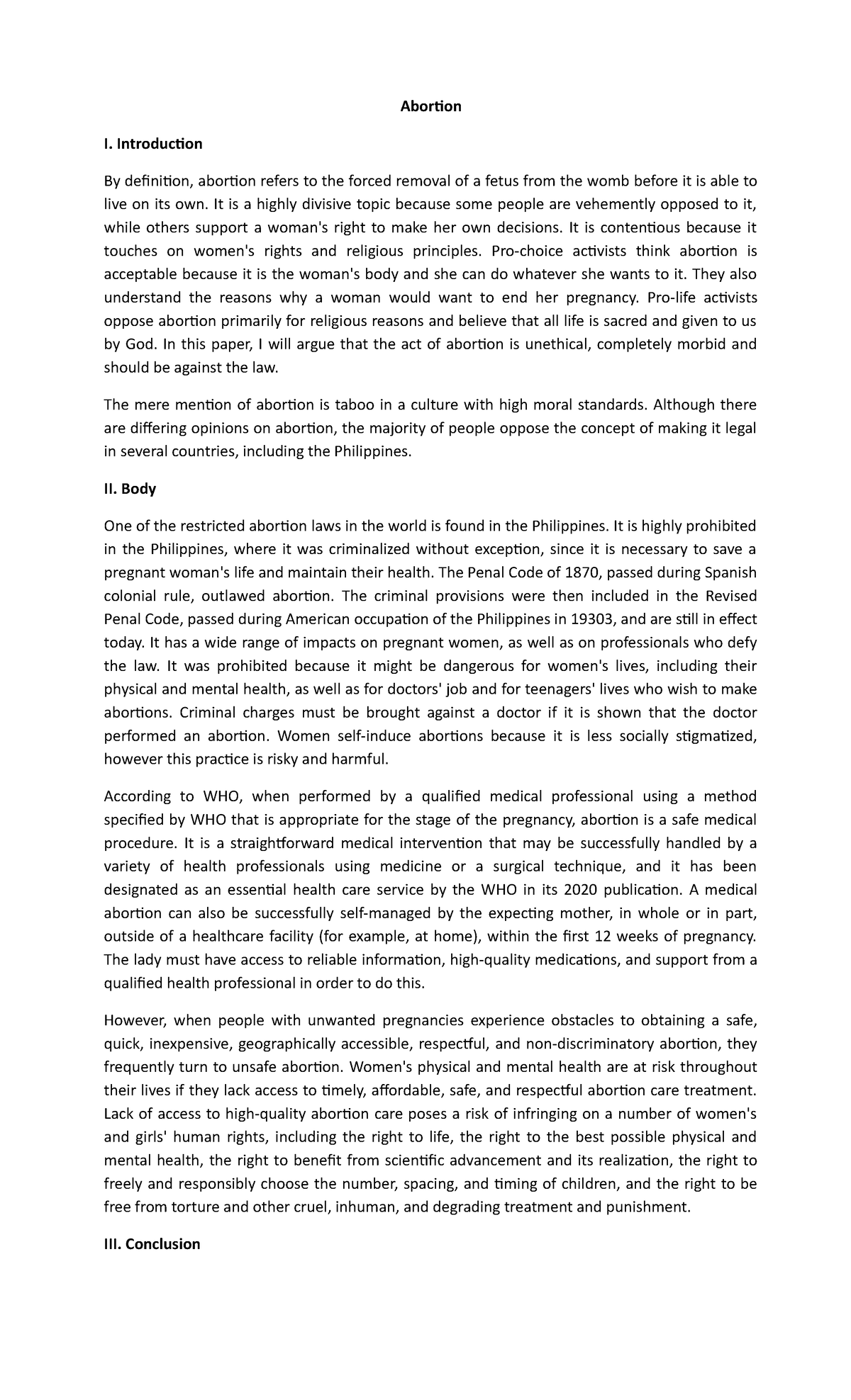 Abortion Position Paper - Abortion I. Introduction By definition ...