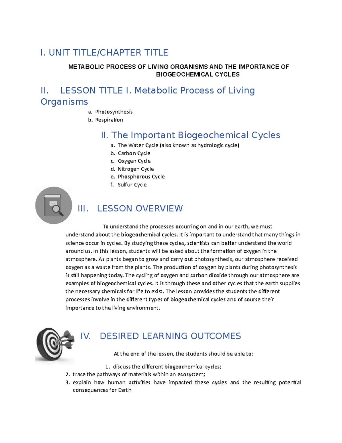 Environmental Science. Module 3 - I. UNIT TITLE/CHAPTER TITLE METABOLIC ...