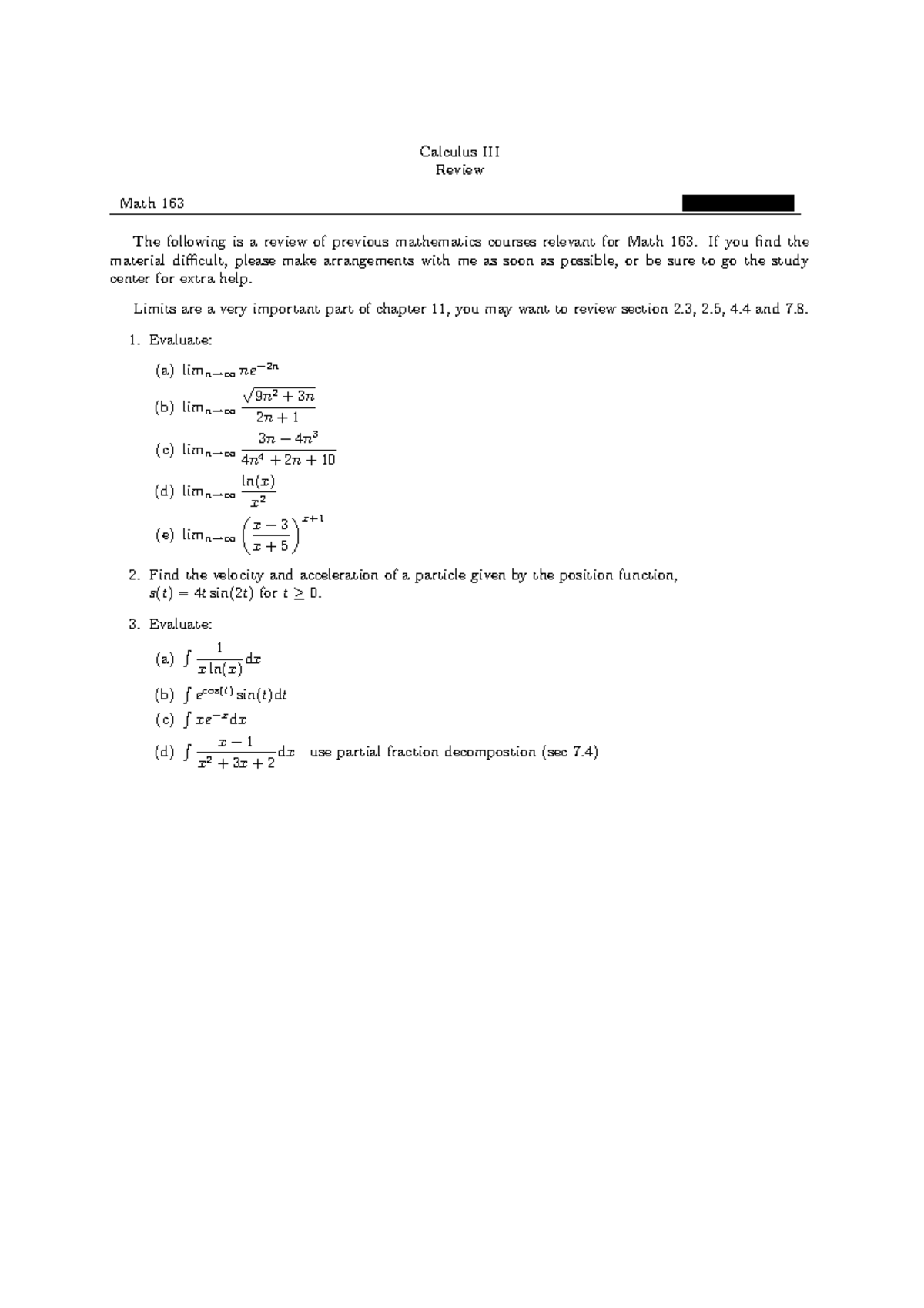 Review Day One - notes - Calculus III Review Math 163 January 5, 2009 ...