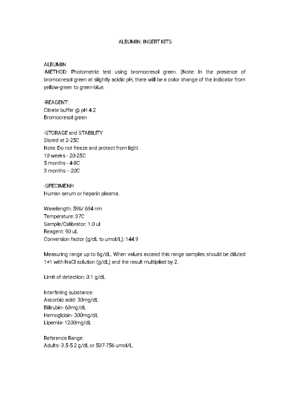 ALBUMIN INSERT KITS - ALBUMIN: INSERT KITS ALBUMIN -METHOD: Photometric ...