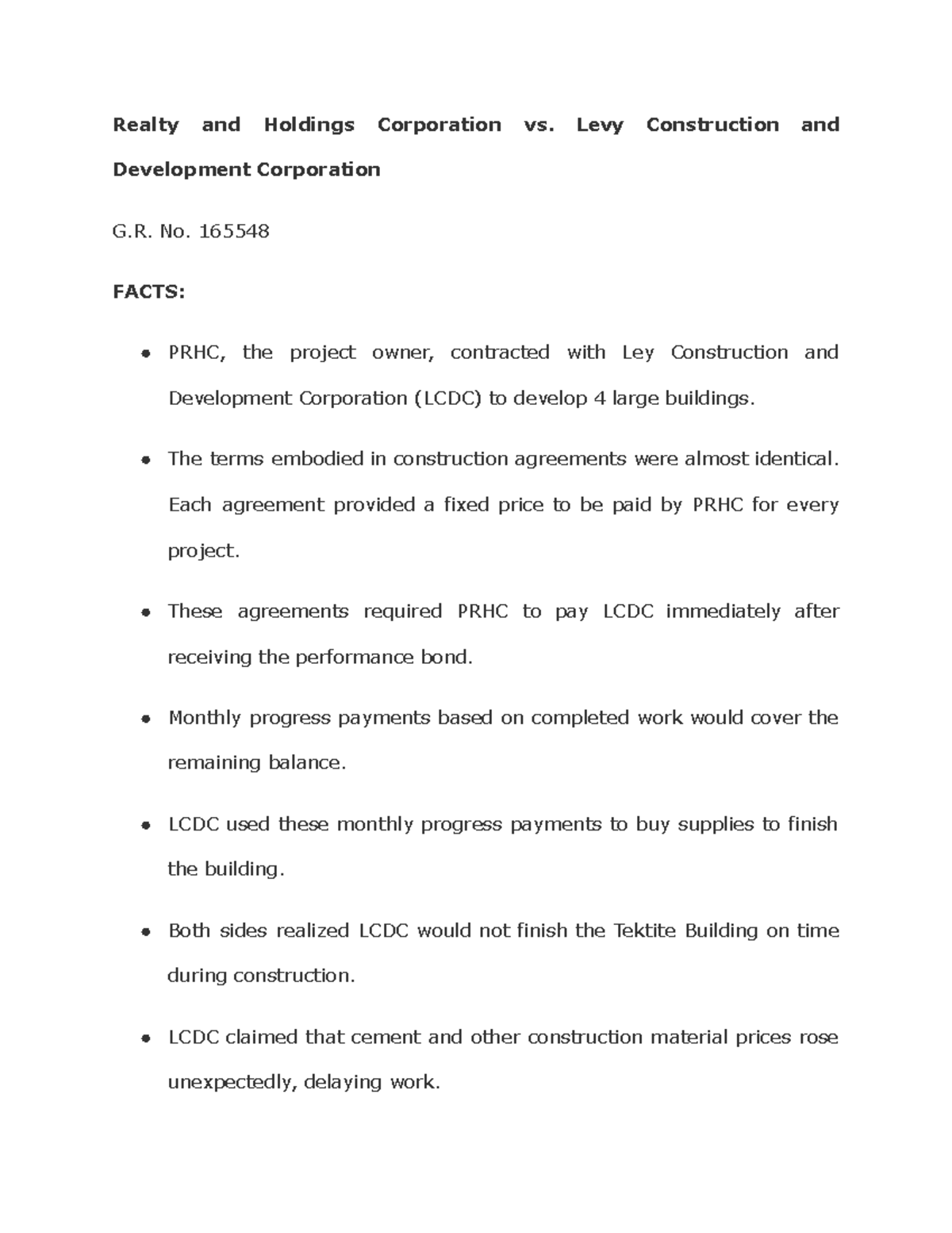 Realty and Holdings Corp. vs. Levy Construction and Dev. Corp. G.R. No ...