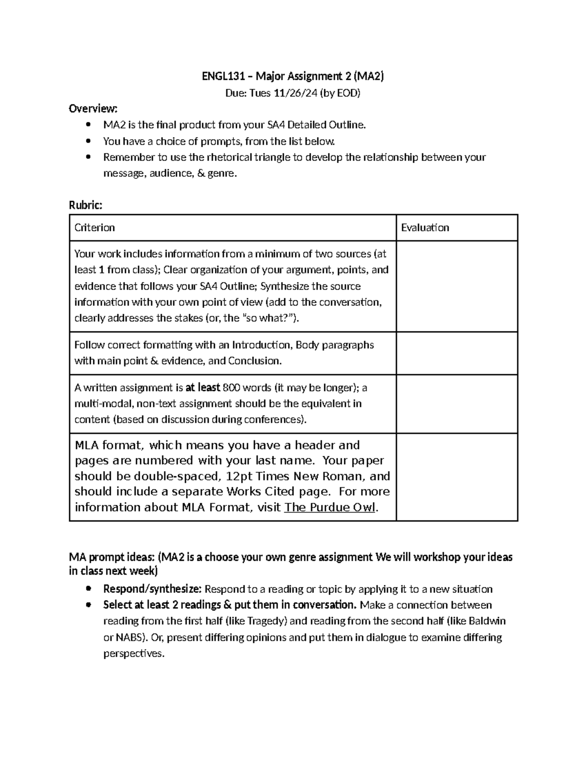 ENGL131 MA2 - Prompt - MA2 - ENGL131 – Major Assignment 2 (MA2) Due ...