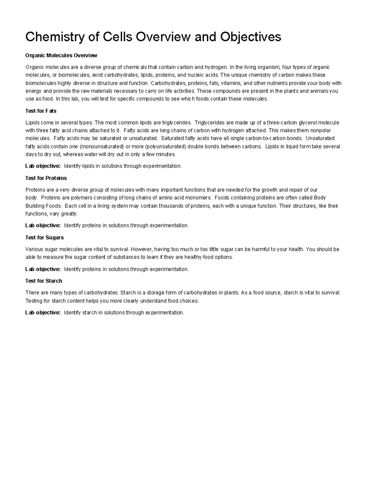 Chemistry of Cells Overview and Objectives - In the living organism ...