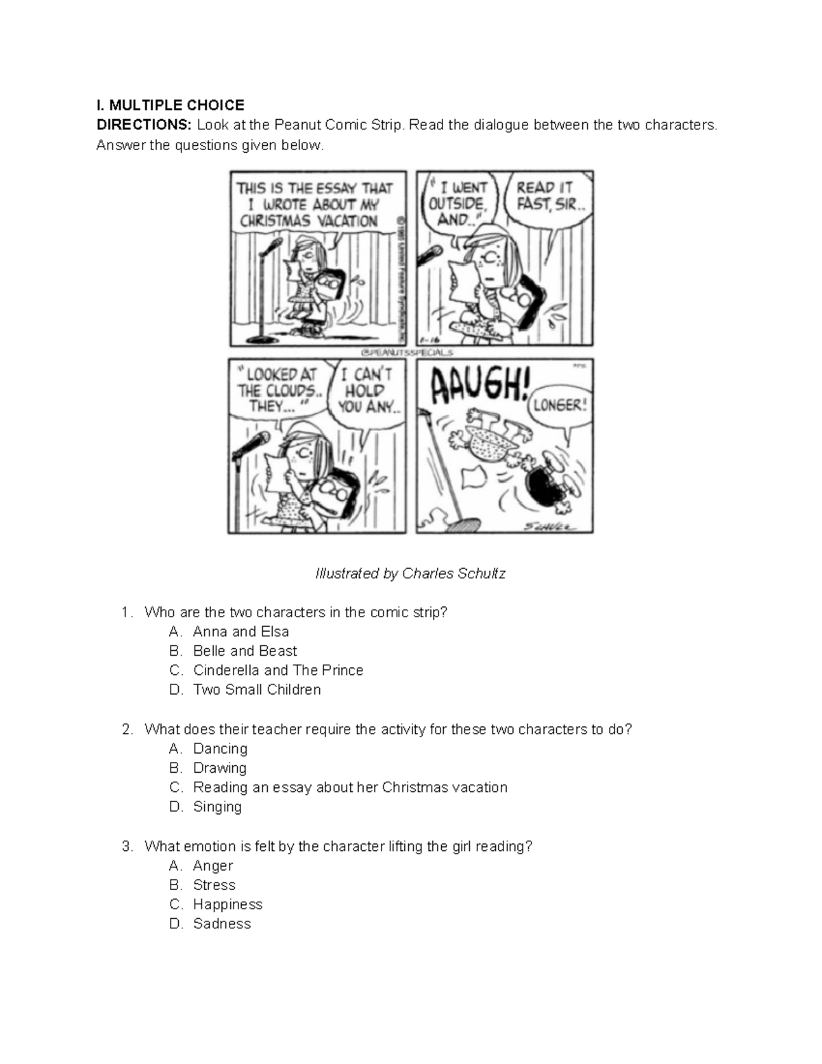 20-ITEM Comprehension Questions - I. MULTIPLE CHOICE DIRECTIONS: Look ...