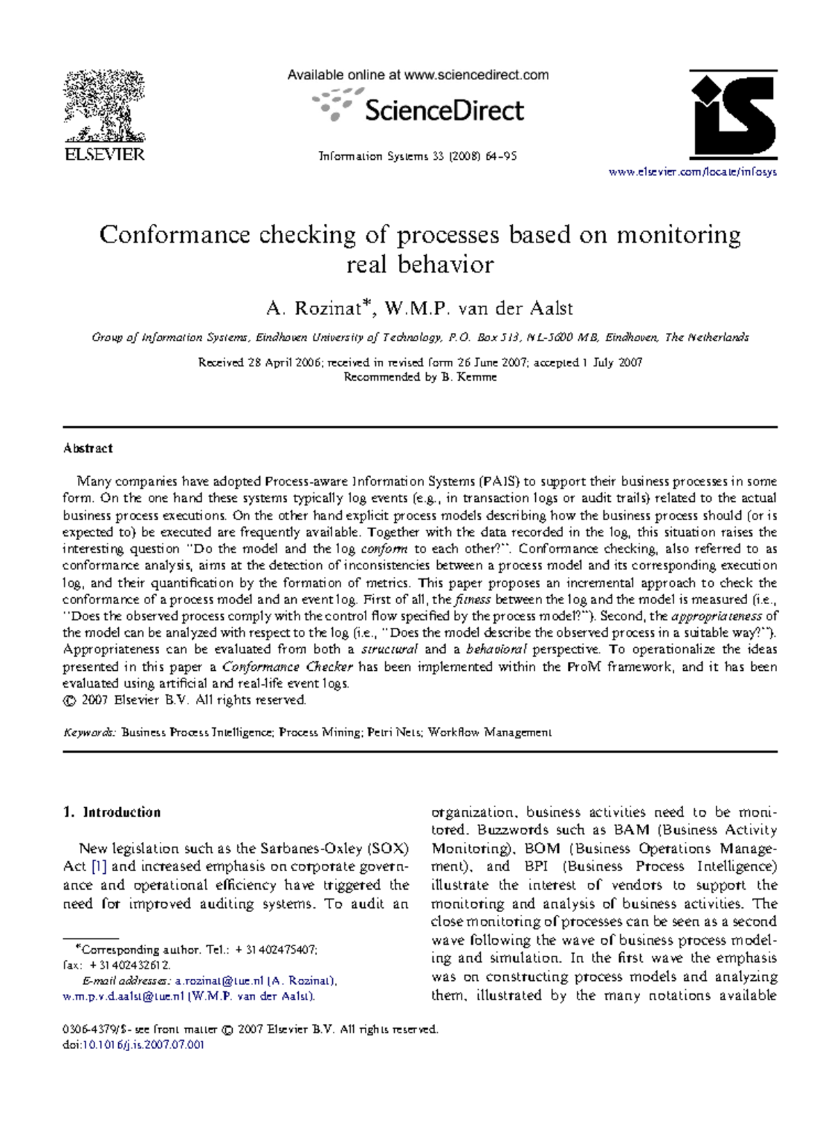 01 Conformance Checking Of Processes Based On Monitoring Real Behavior