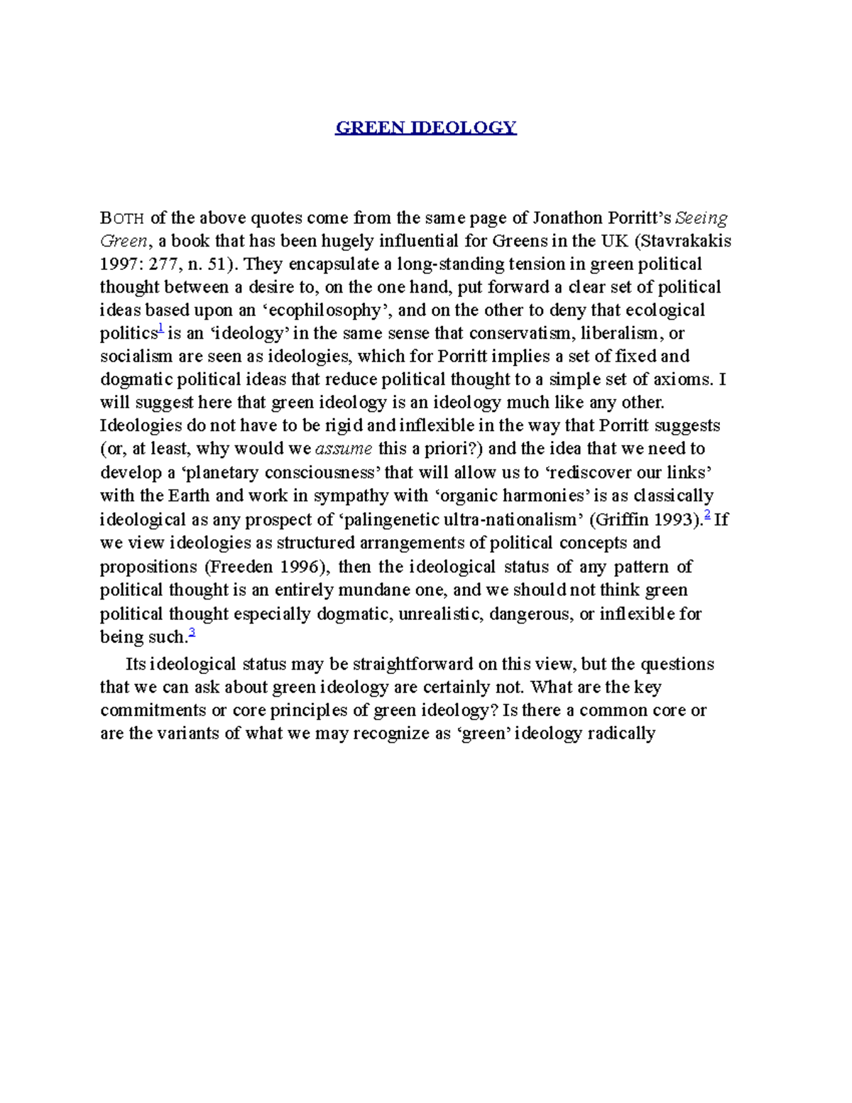 Green Ideology - GREEN IDEOLOGY BOTH of the above quotes come from the ...