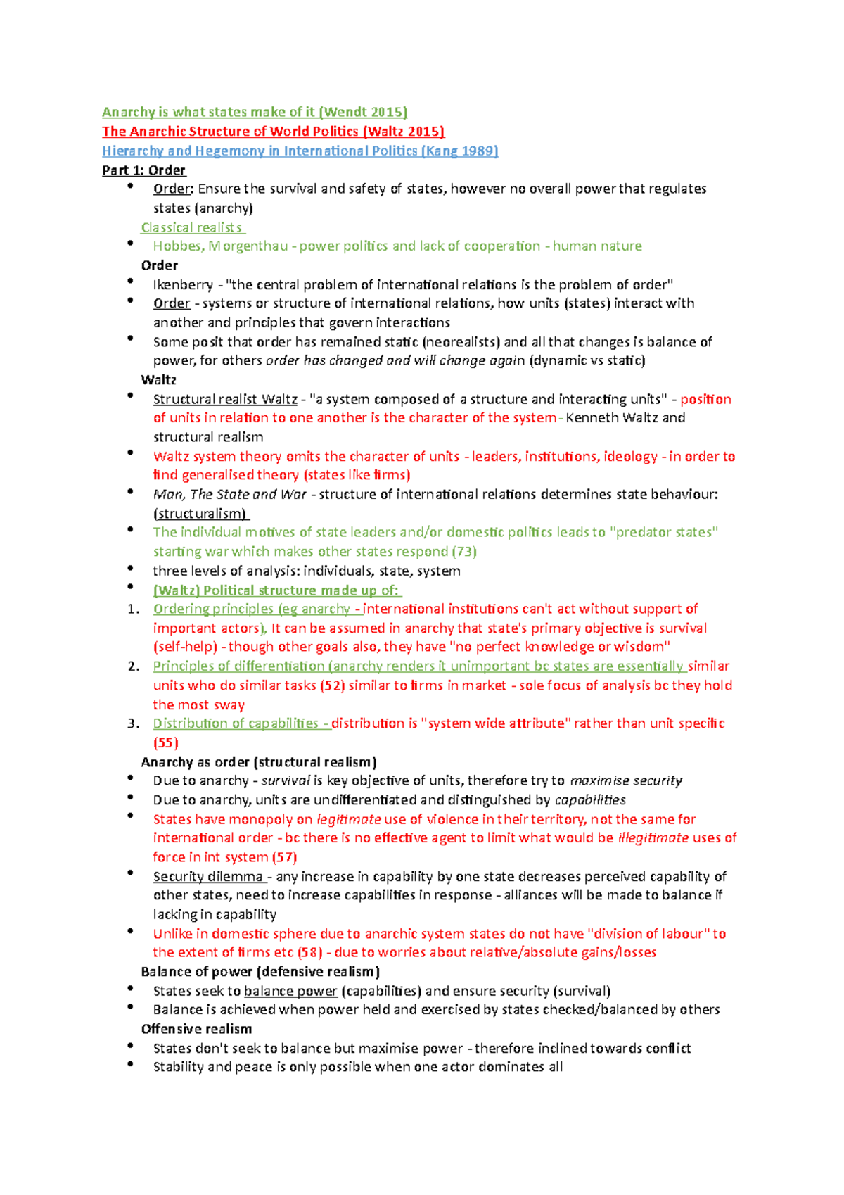 Order 2022 - Anarchy is what states make of it (Wendt 2015) The ...