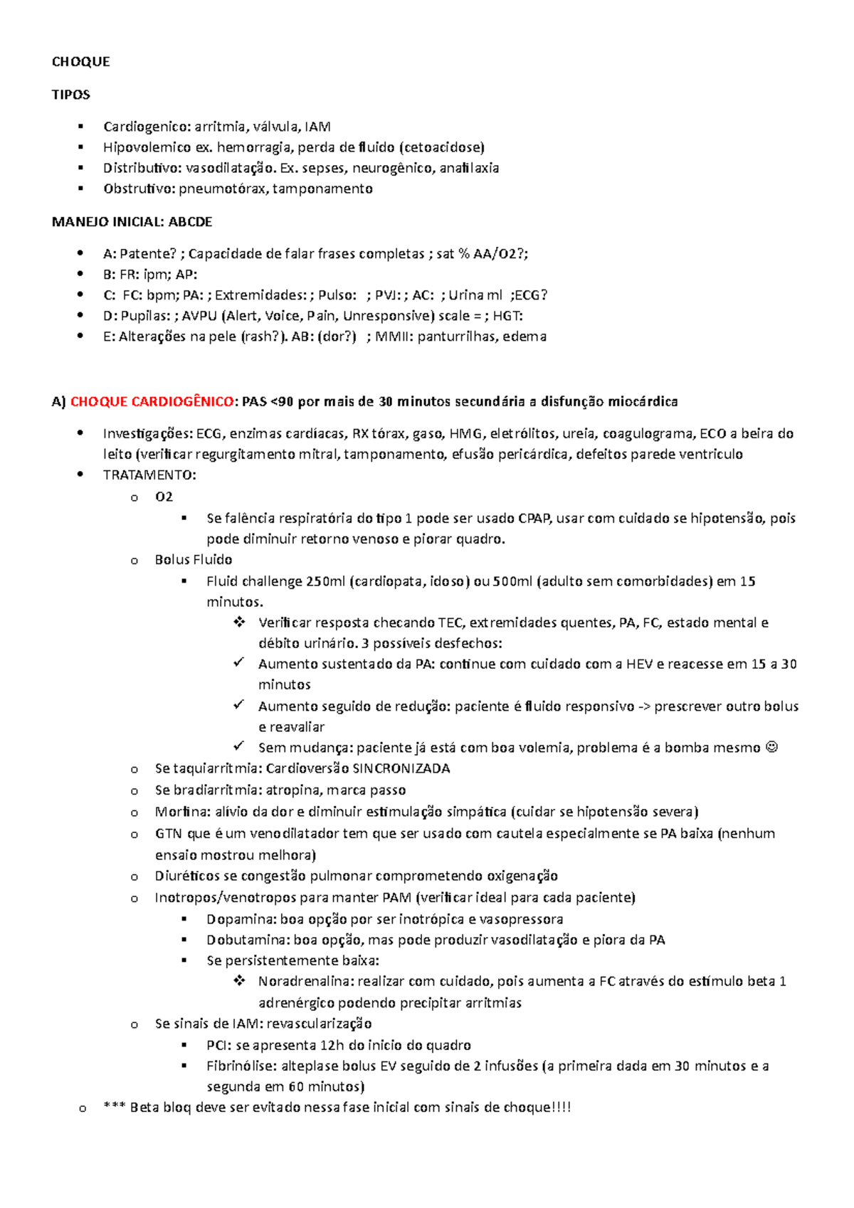 Choque - MEDICINA DE EMERGENCIA - CHOQUE TIPOS Cardiogenico: arritmia ...