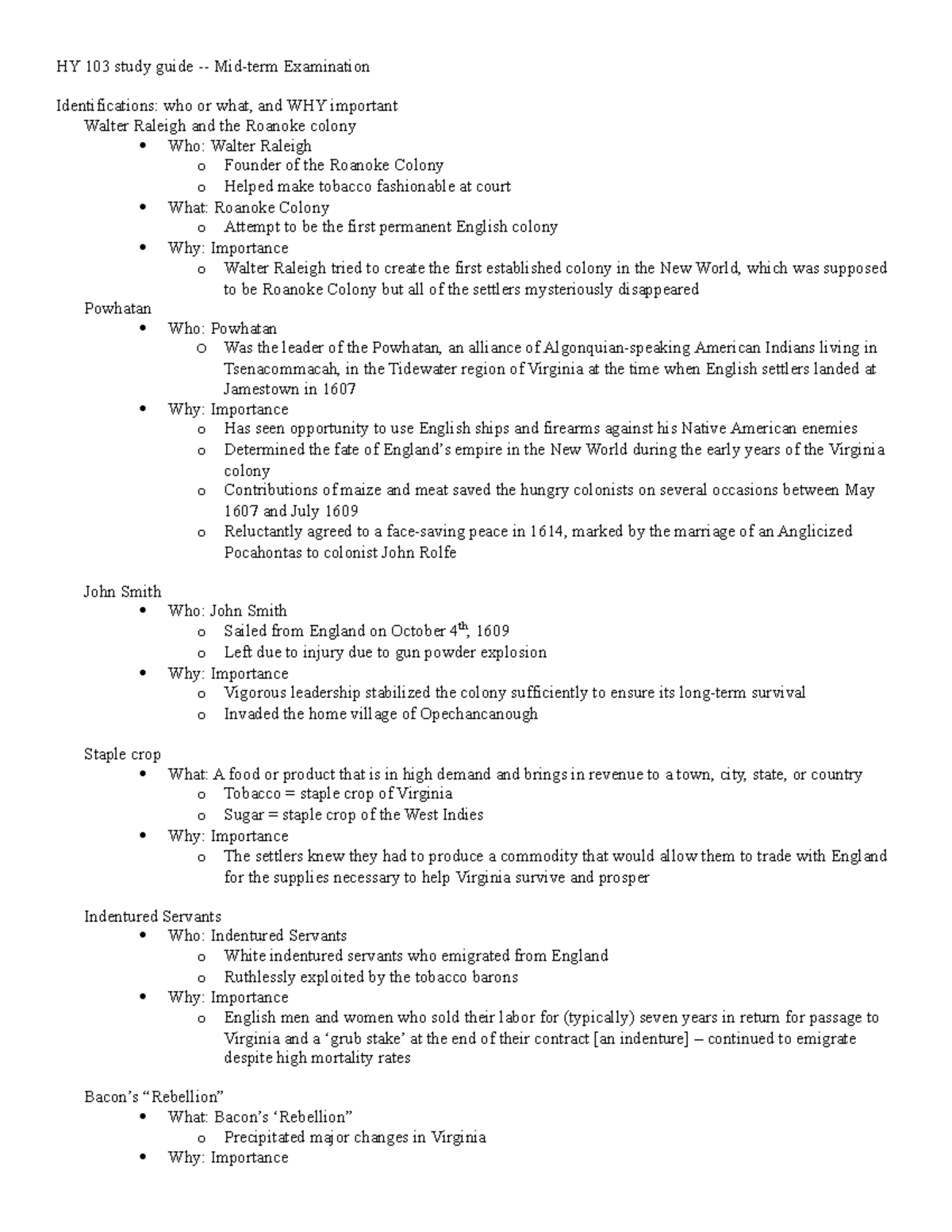 HY 103 study guide - midterm - Fall 2022 - HY 103 study guide - Mid-term Examination - Studocu
