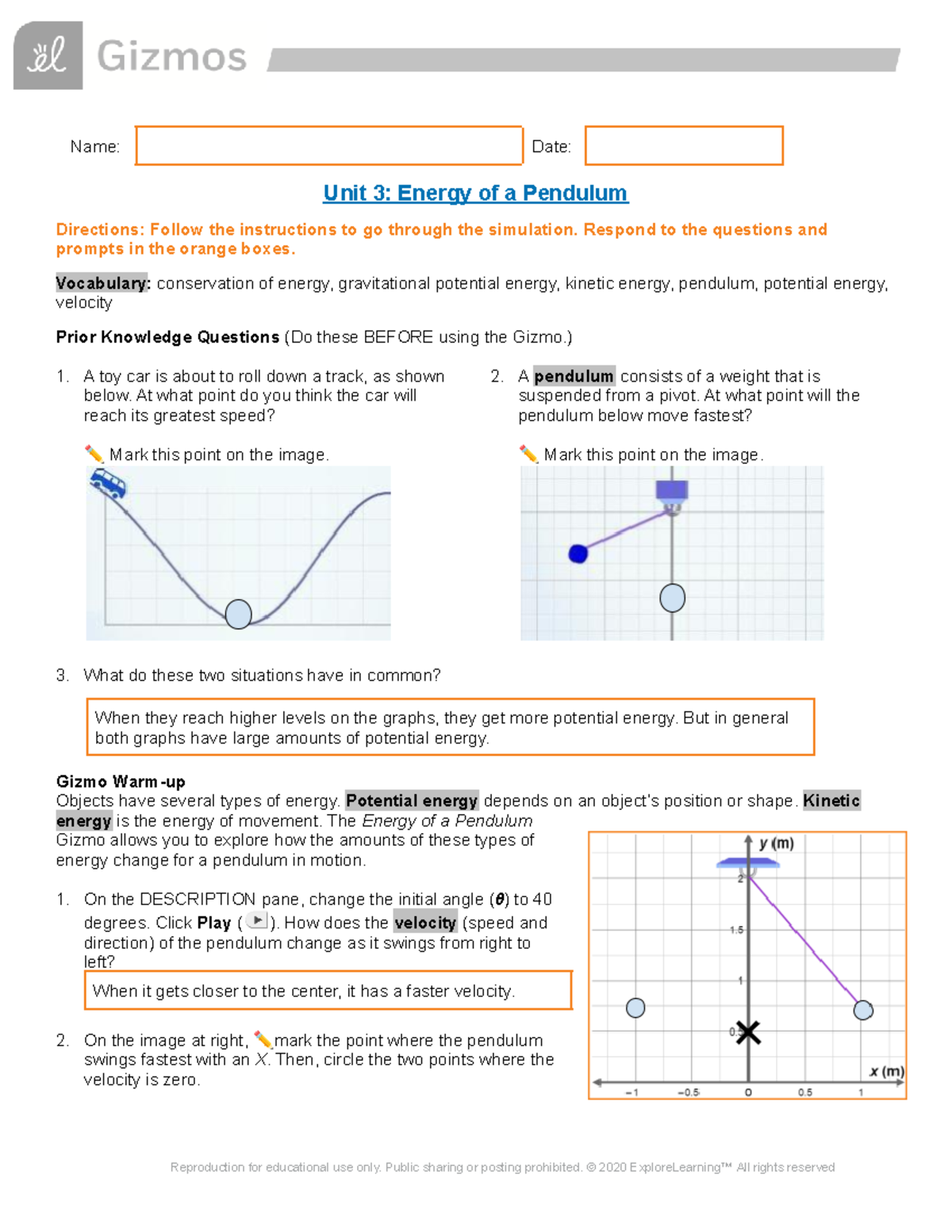 Energy of a Pendelum - Name: Date: Unit 3: Energy of a Pendulum ...