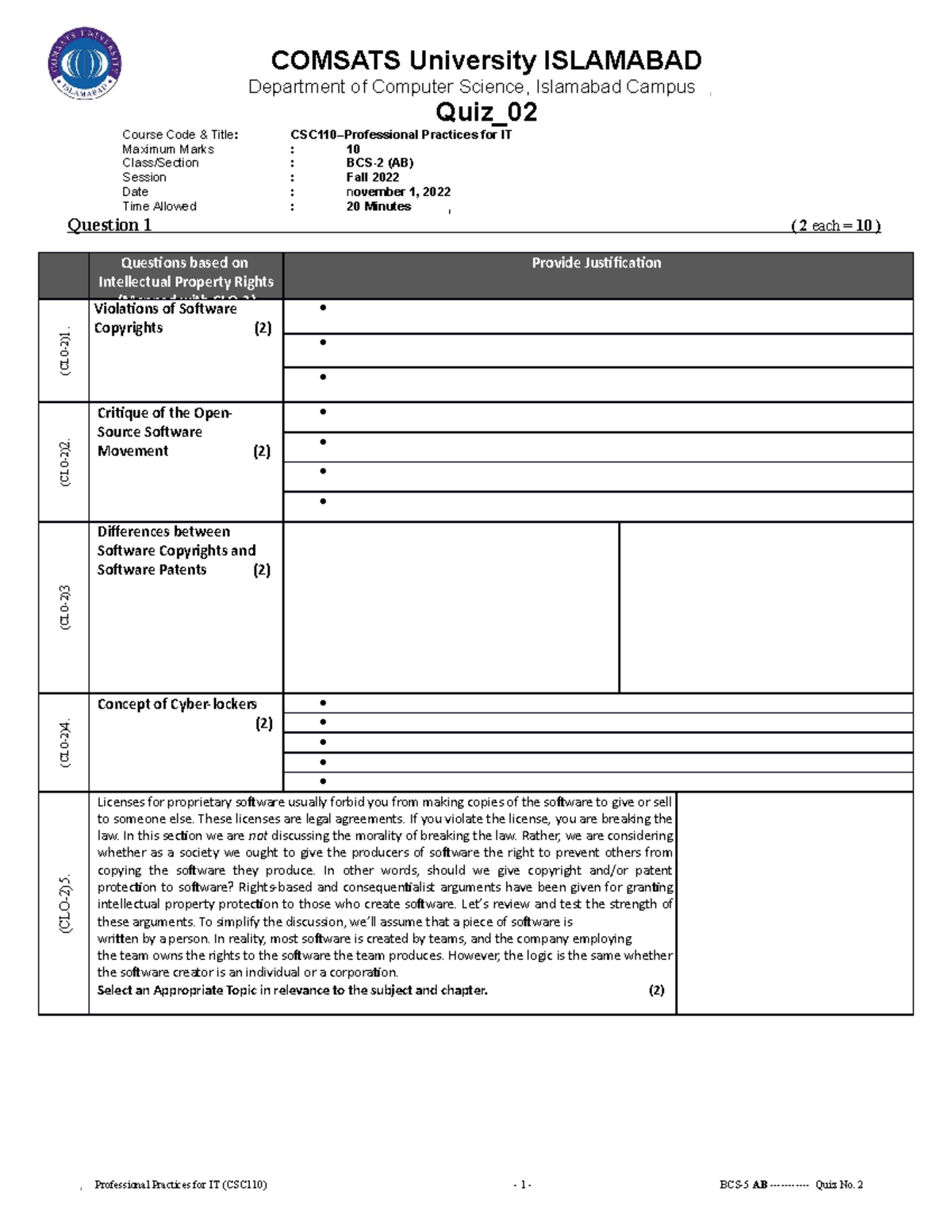 Quiz 02 PPIT F22 - 2nd quiz of ppit - COMSATS University ISLAMABAD ...