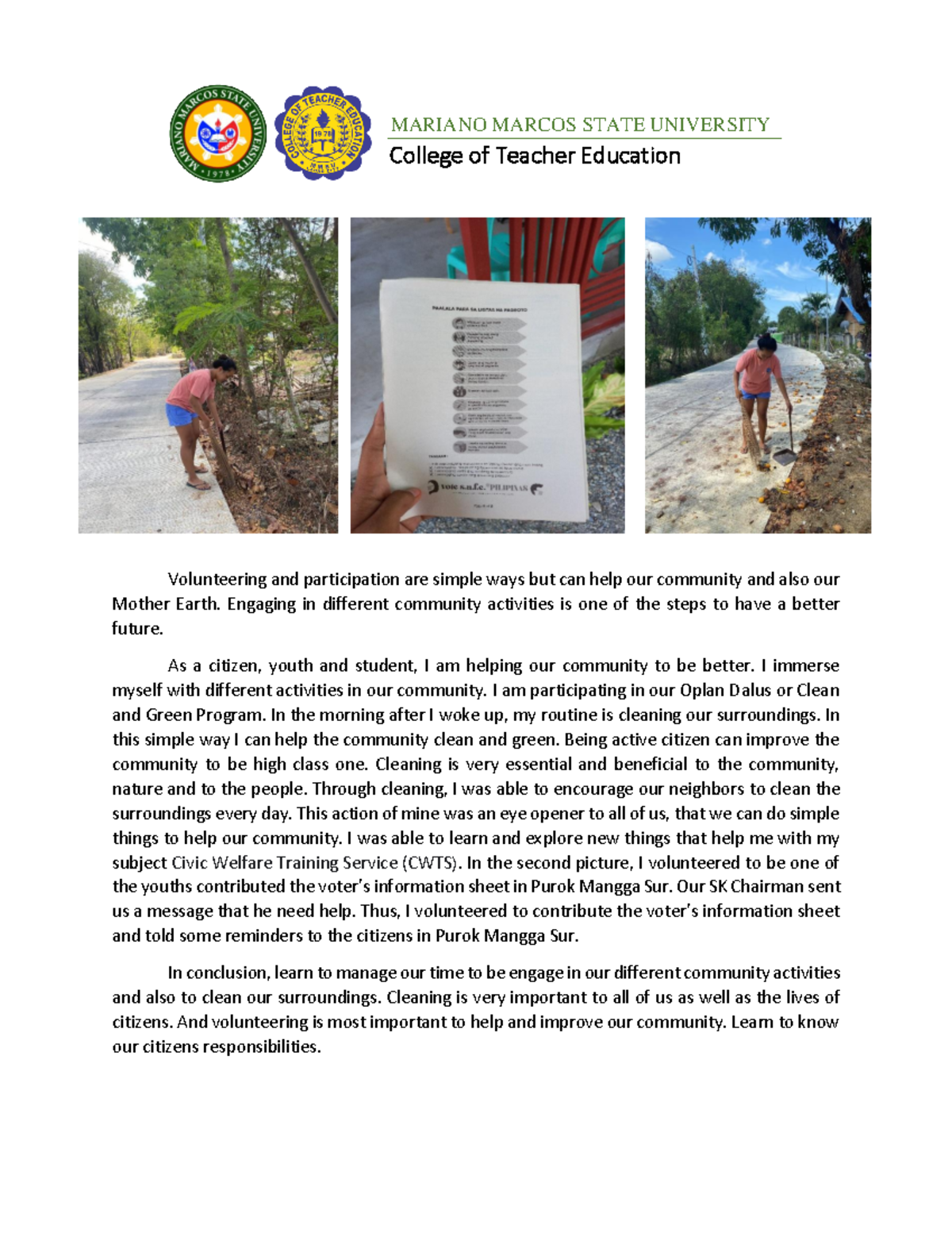 Pagdilao, Jocel Jade A. (Community Involvement) - MARIANO MARCOS STATE ...
