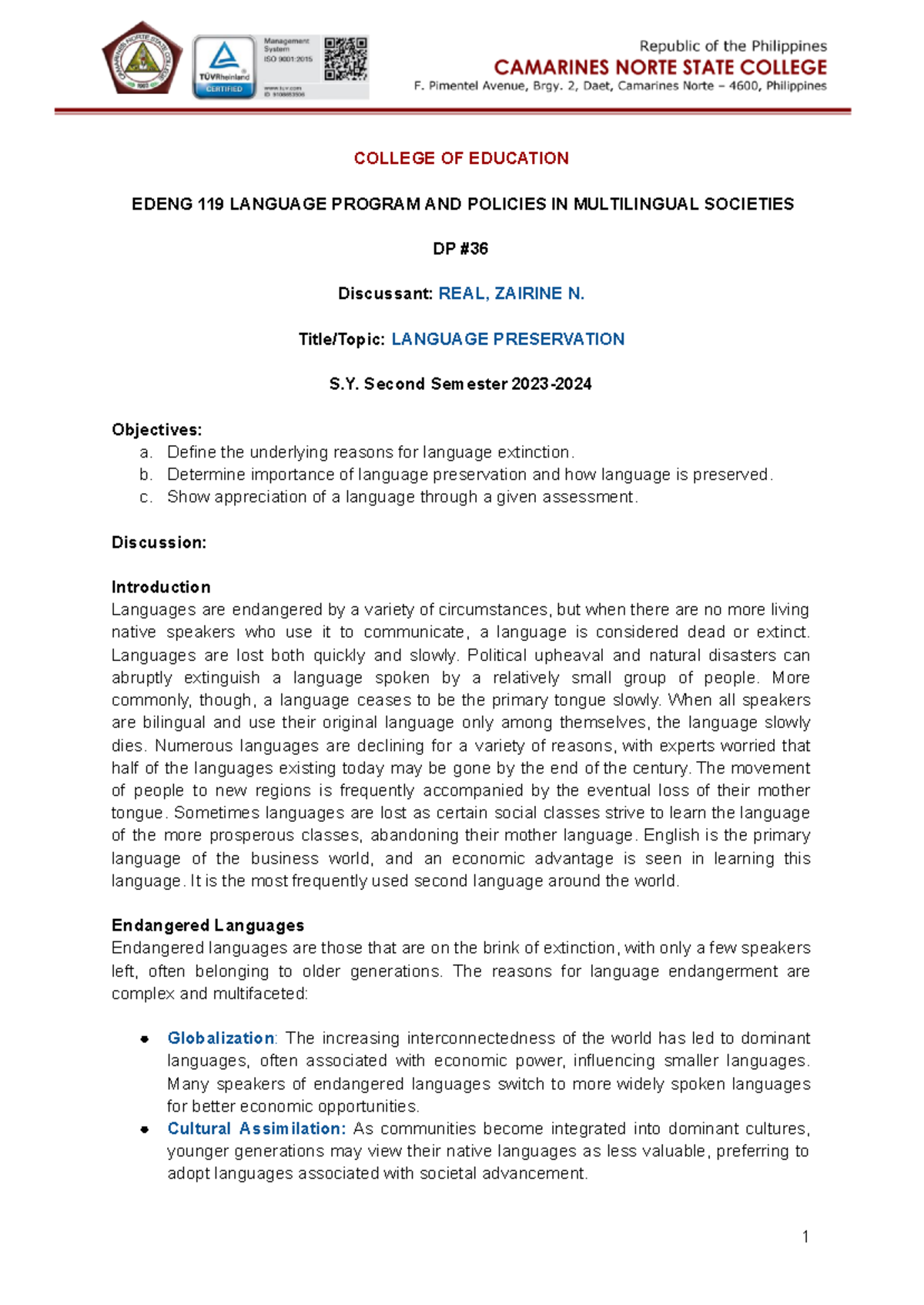 DP 36. Language Preservation (Real, Zairine N - EDENG 119 LANGUAGE ...