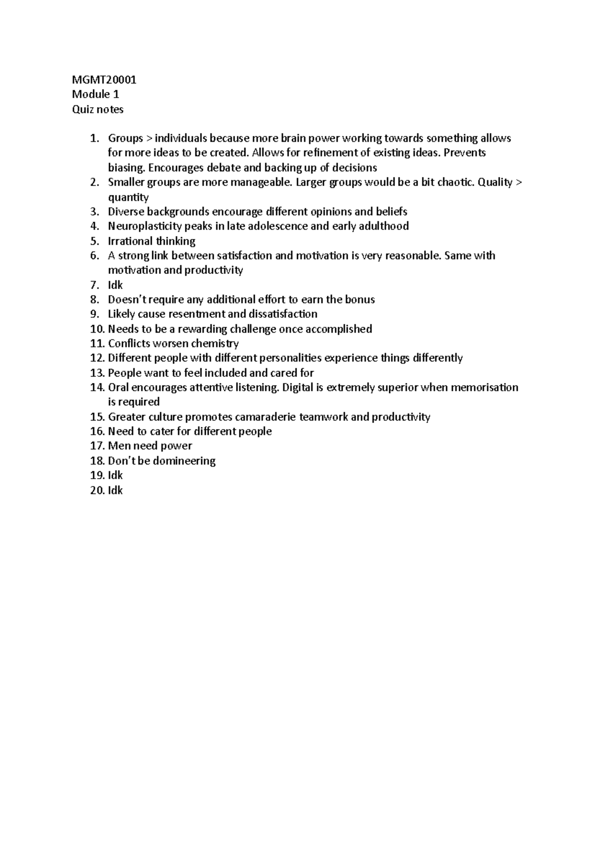 Module 1 pre-tutorial quiz reasonings - MGMT Module 1 Quiz notes Groups ...