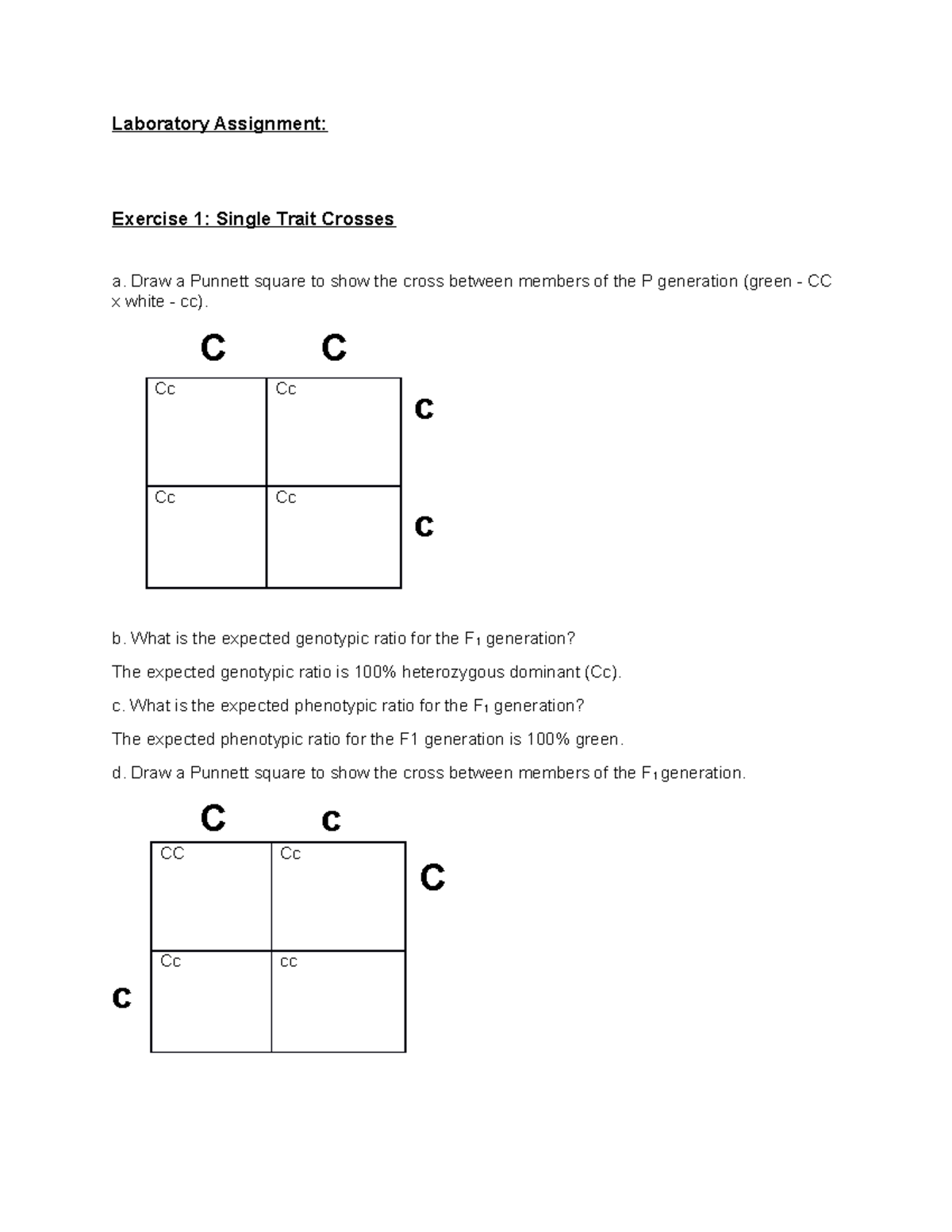 Basic Genetics - bio 101 - Laboratory Assignment: Exercise 1: Single ...