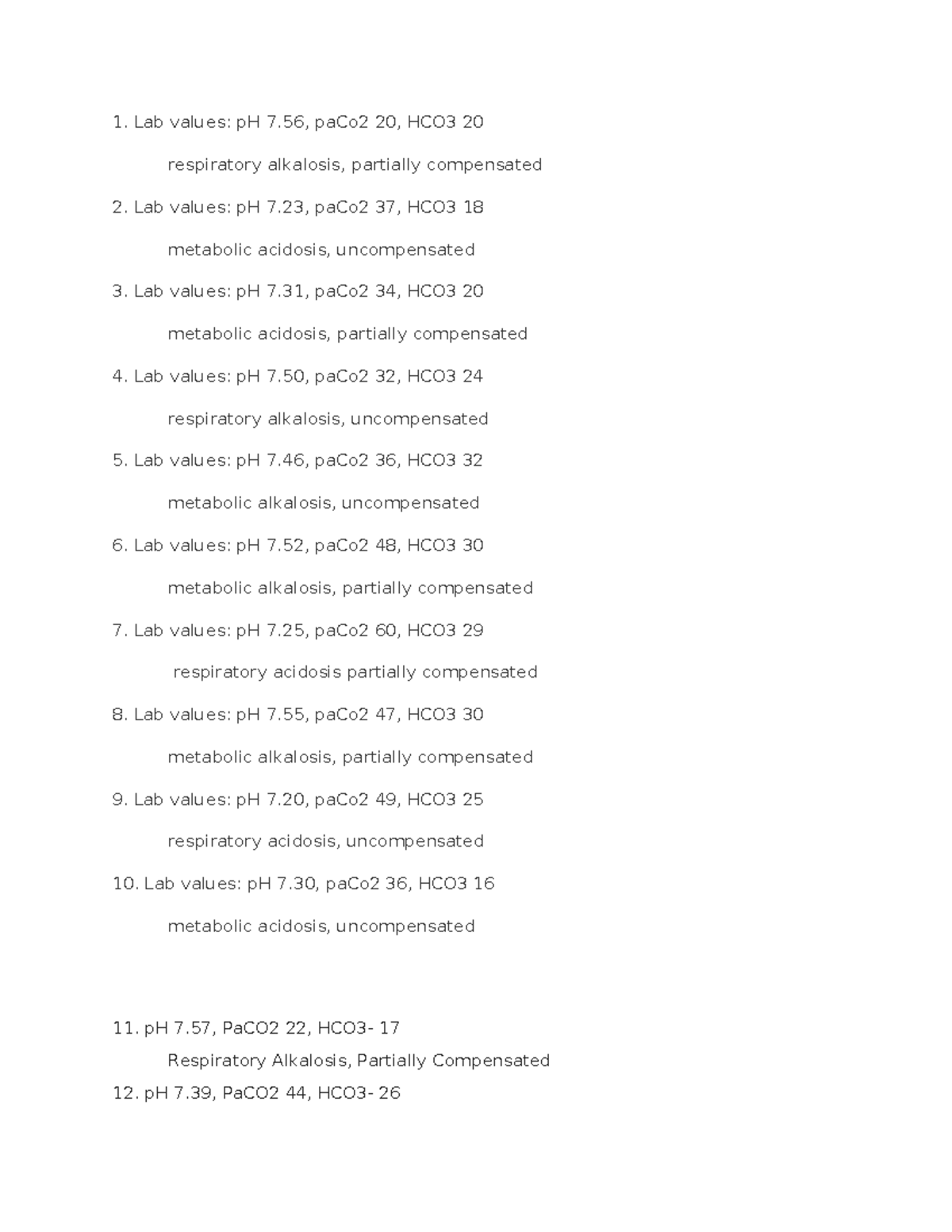 ABG Interpretation Practice All Types with Answers - Lab values: pH 7 ...