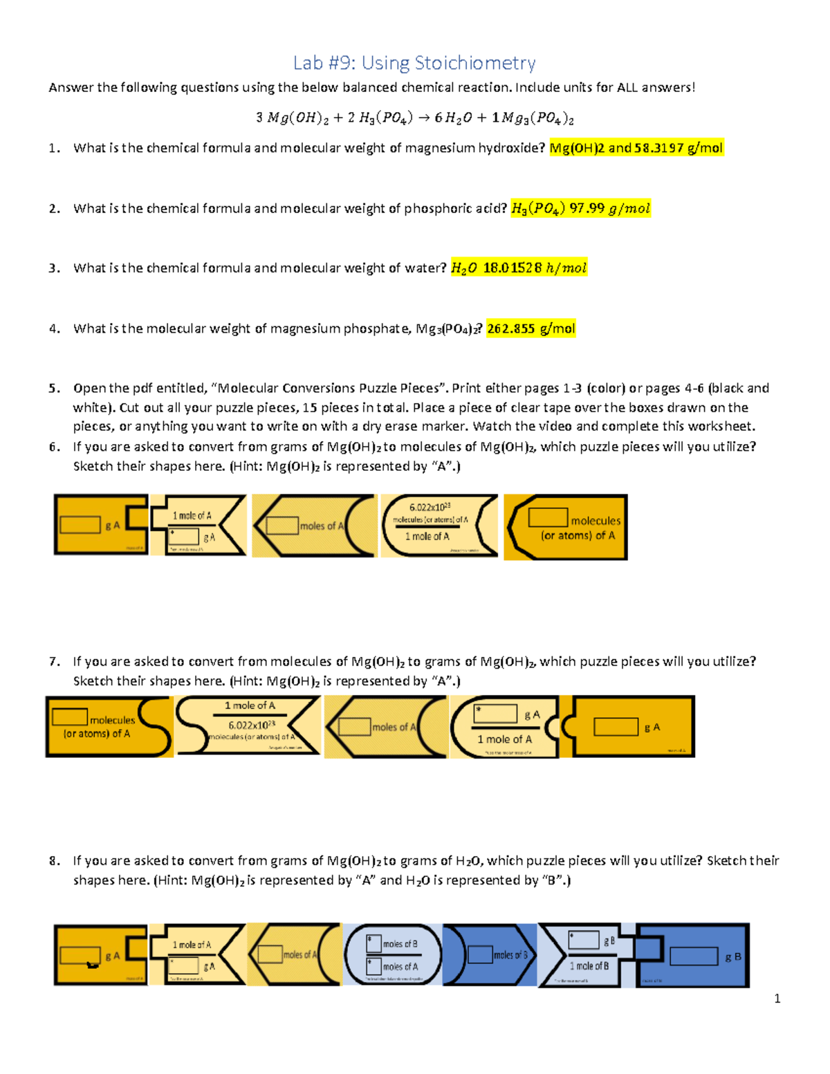 Lab 9- Using Stoichiometry and Puzzle Pieces- word doc if you want to ...