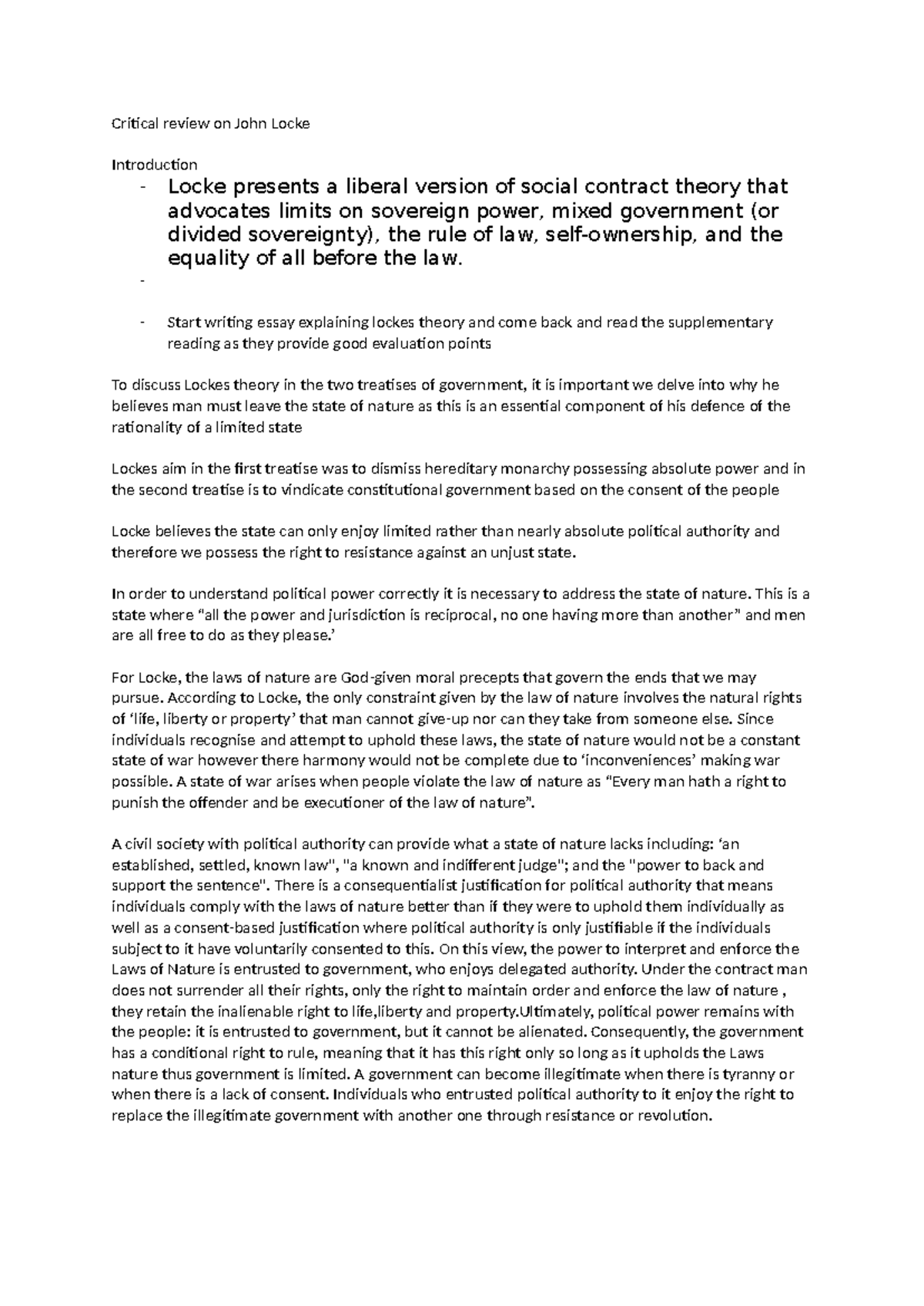 Political theory of hobbes 30% essay - Critical review on John Locke ...