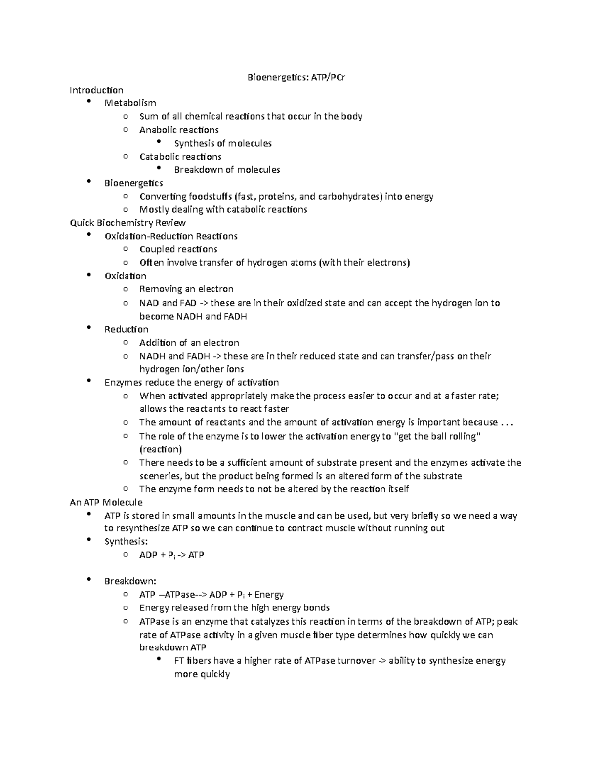 Bioenergetics: ATP/PCr - Bioenergetics: ATP/PCr Introduction Metabolism ...