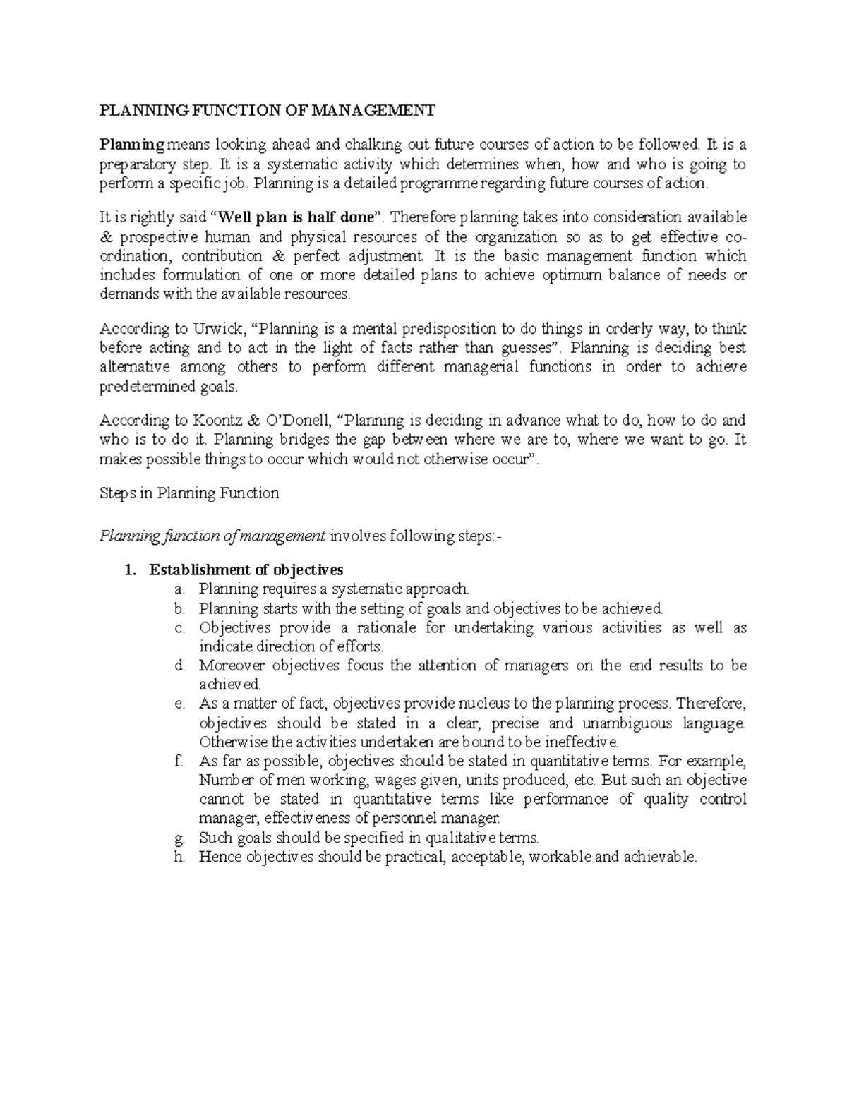 Planning Function OF Management - PLANNING FUNCTION OF MANAGEMENT - Studocu