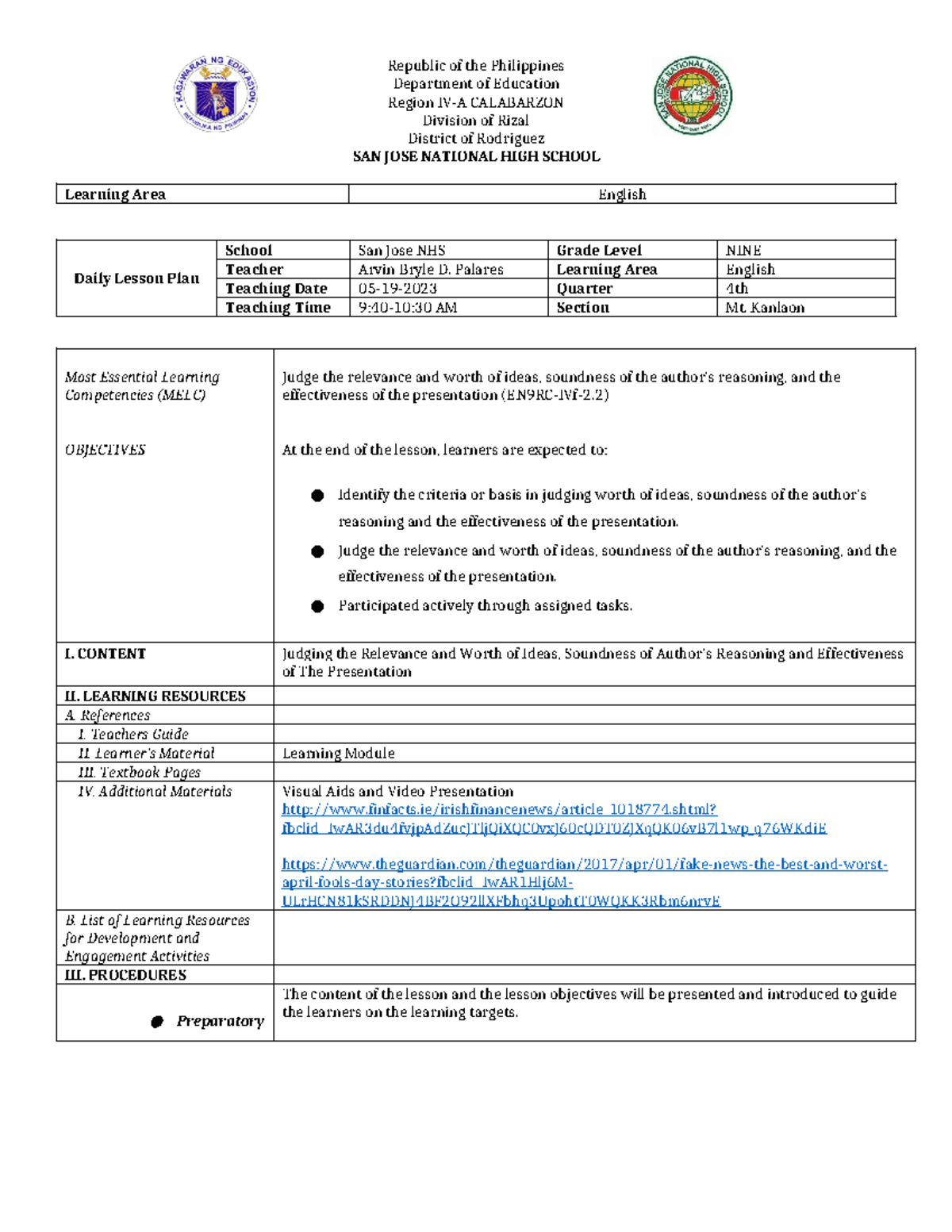 Lesson Plan (template) for DEMO CO - Republic of the Philippines ...