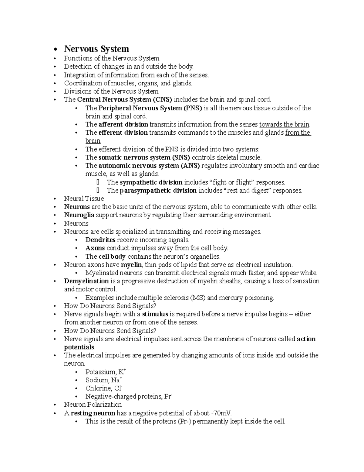 Nervous System - Nerve notes - • Nervous System Functions of the ...