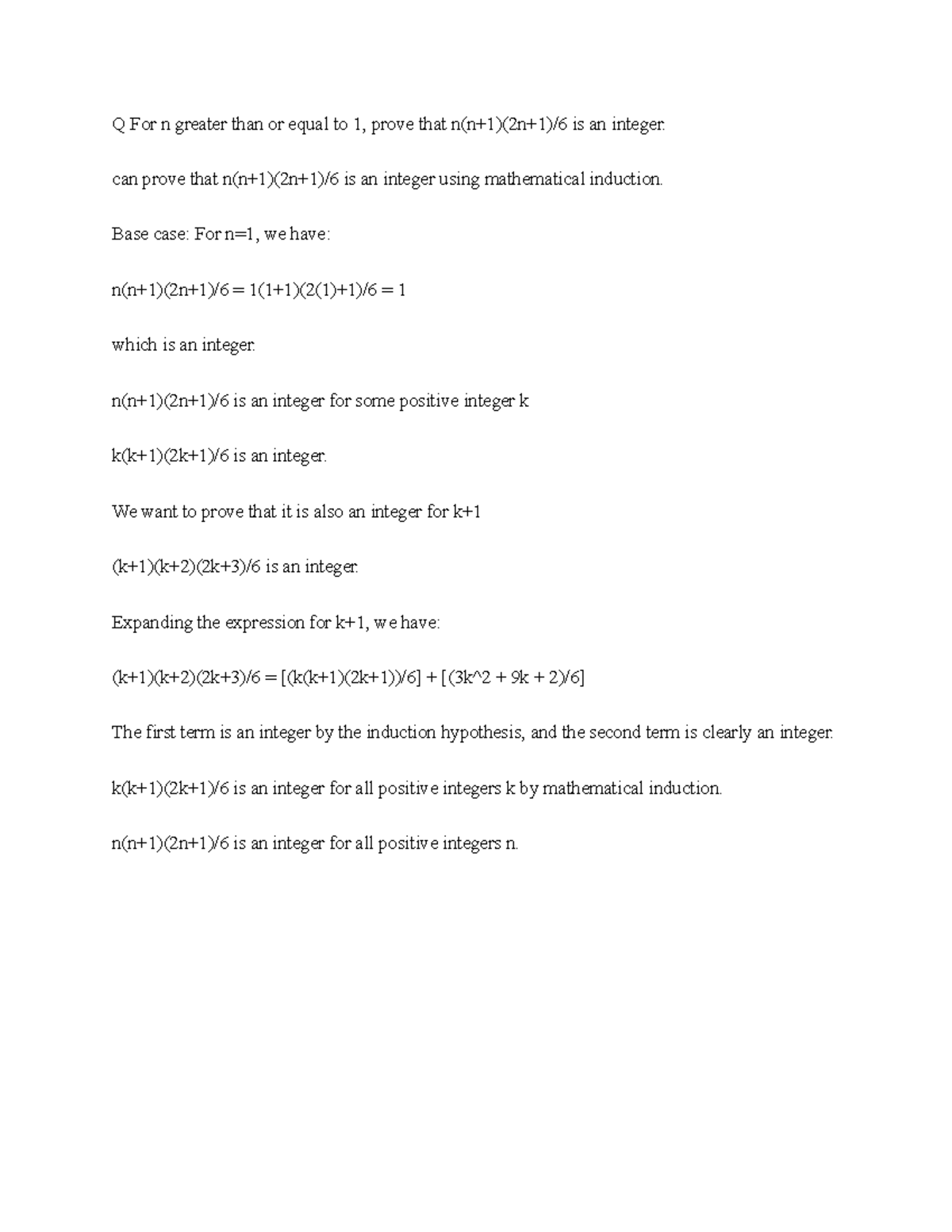 Mathhwk 3 - Q For n greater than or equal to 1, prove that n(n+1)(2n+1)/6 is an integer. - can ...