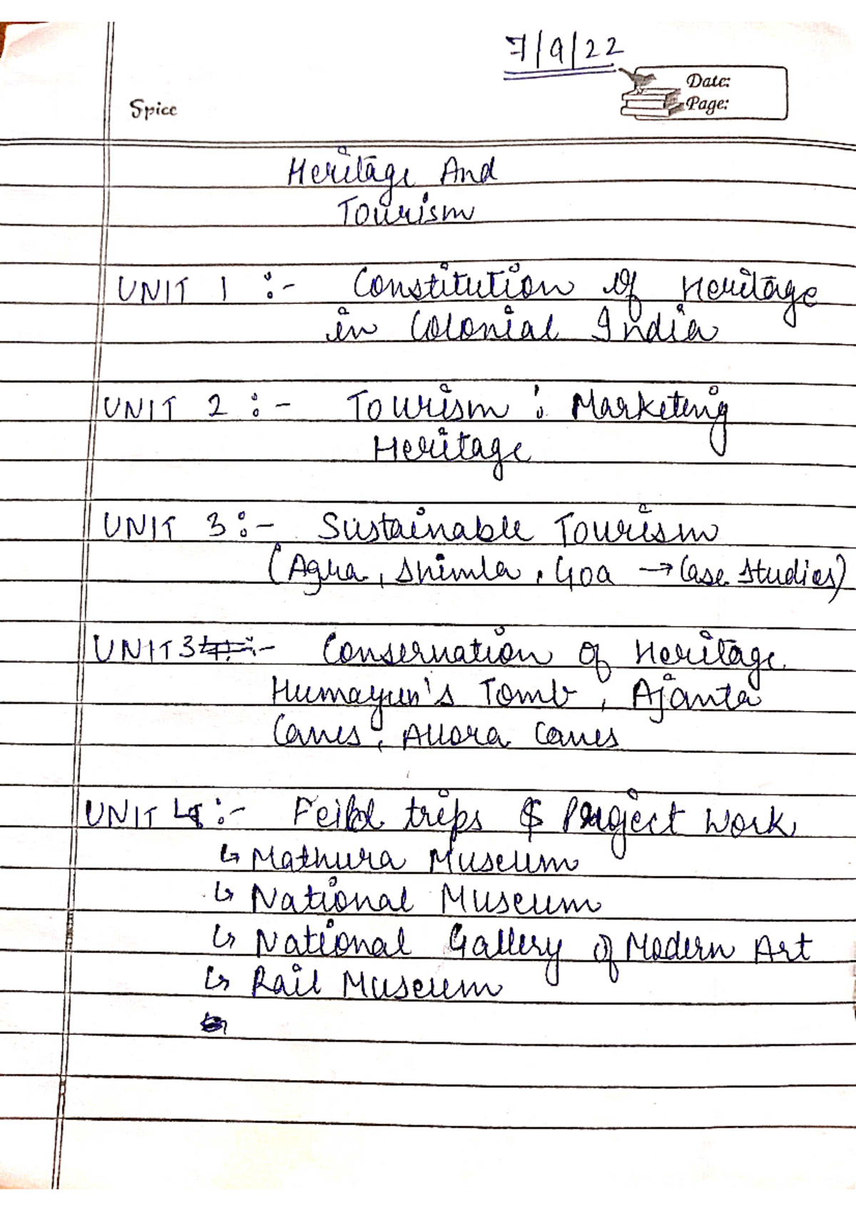 Heritage and tourism Rehman sir notes - Date: Spice E Page: Heritage ...