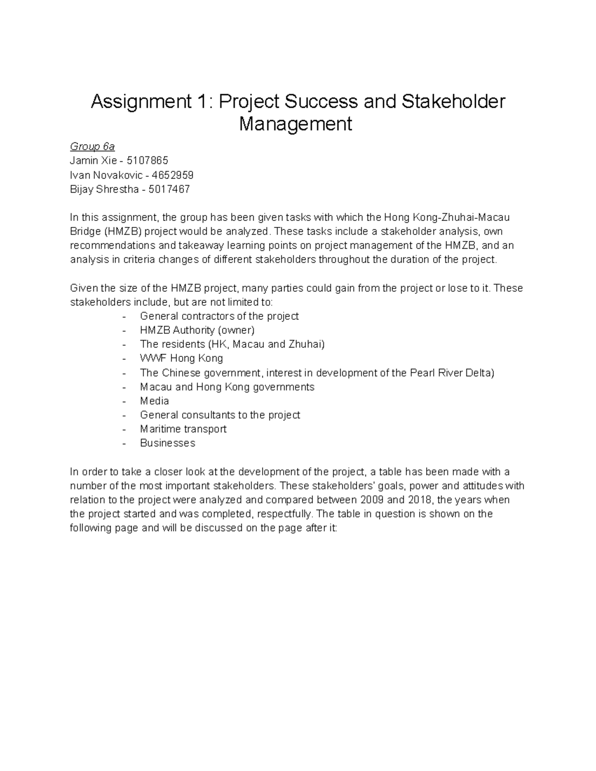 Assignment 1 Group 06 a - Assignment 1: Project Success and Stakeholder ...
