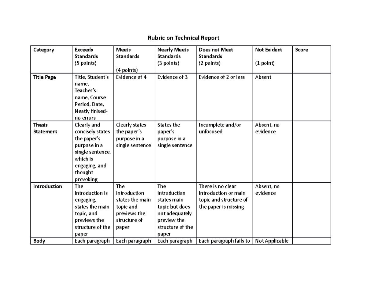 Rubric Reference in Grading Technical Report - Rubric on Technical ...