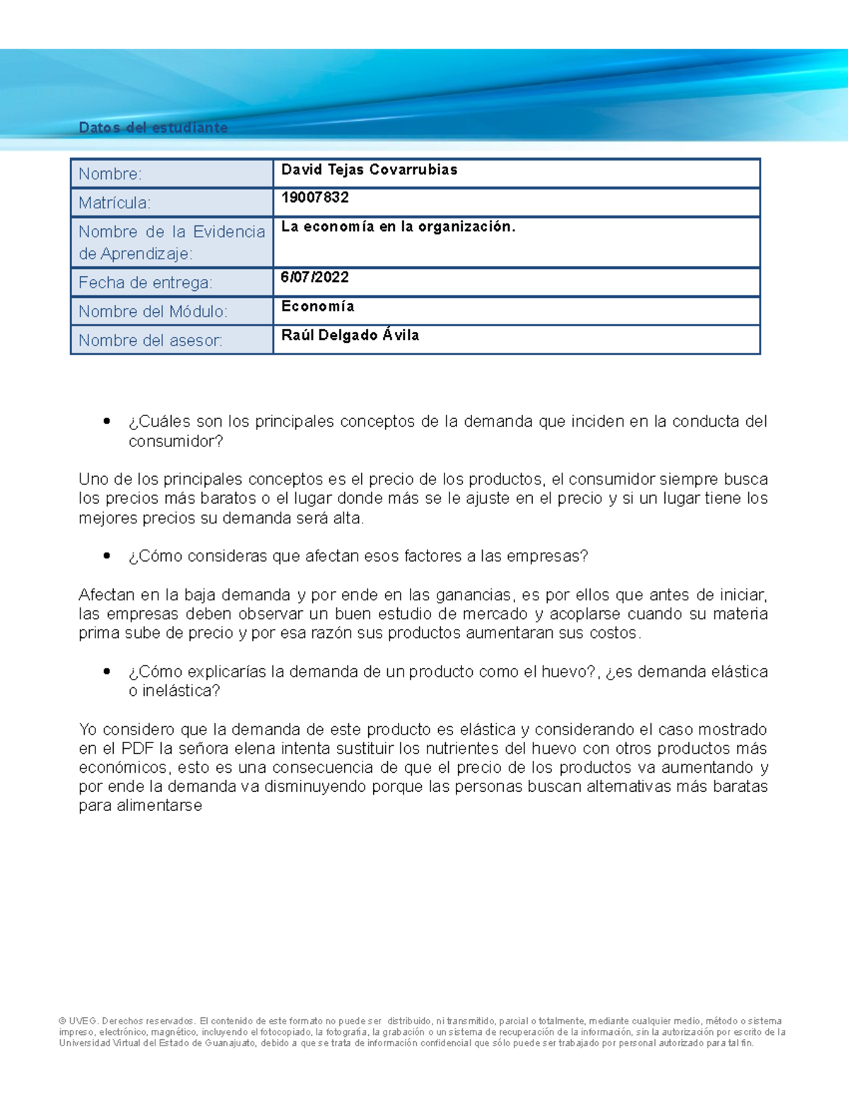 Tejas David La economía en la organización - Datos del estudiante ...